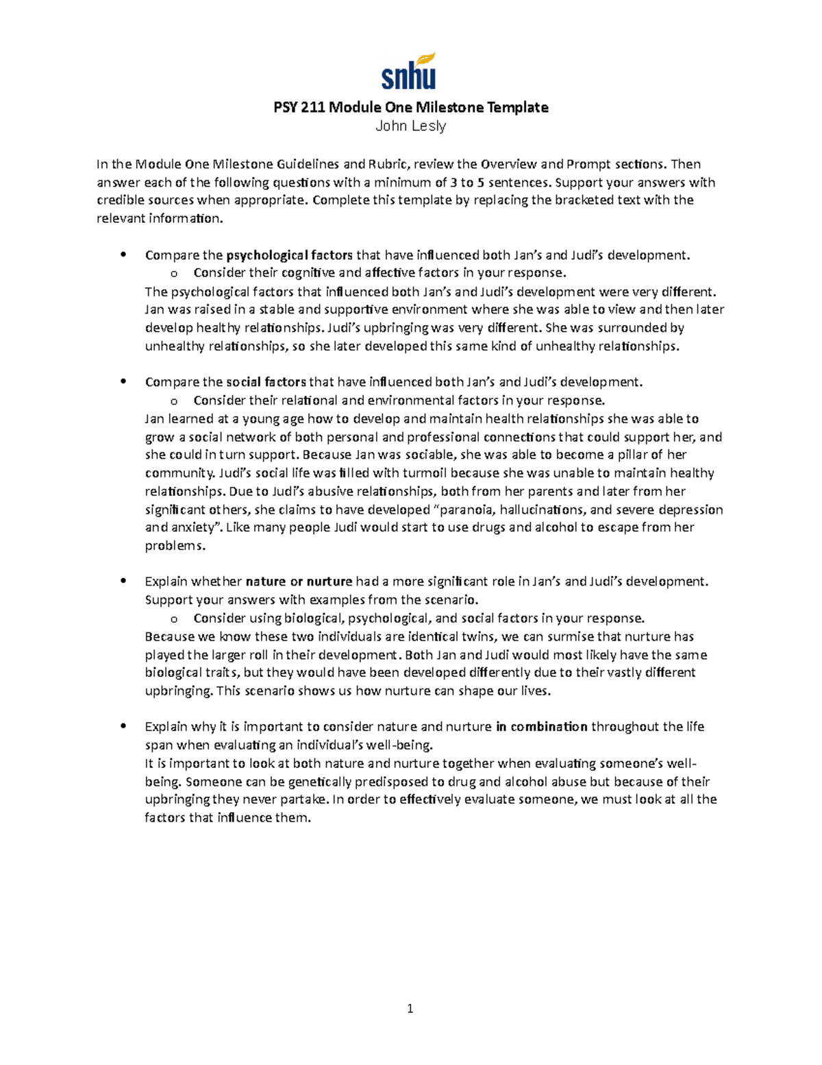 PSY 211 Module One Milestone completed - PSY 211 Module One Milestone ...