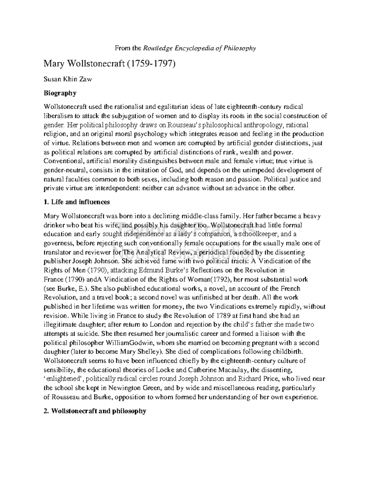 Wollstonecraft mary - From the Routledge Encyclopedia of Philosophy ...