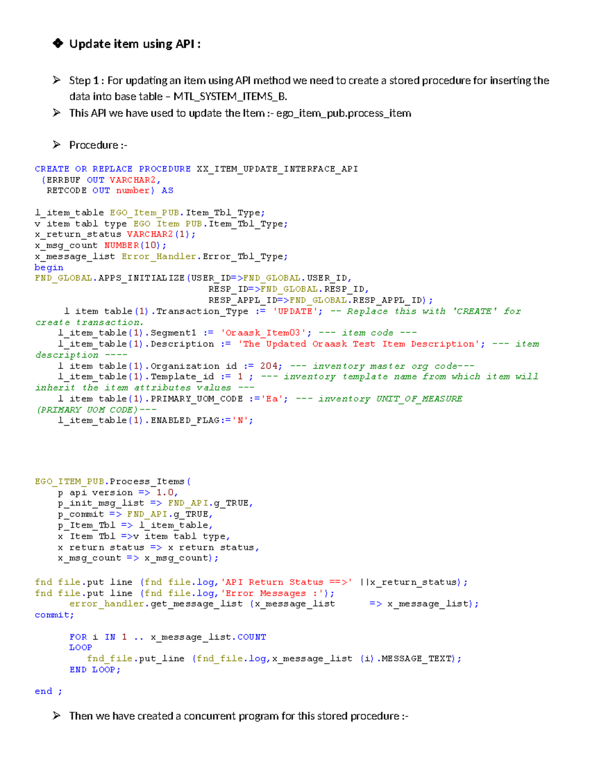 Update item using API - this document is used for study material of ...