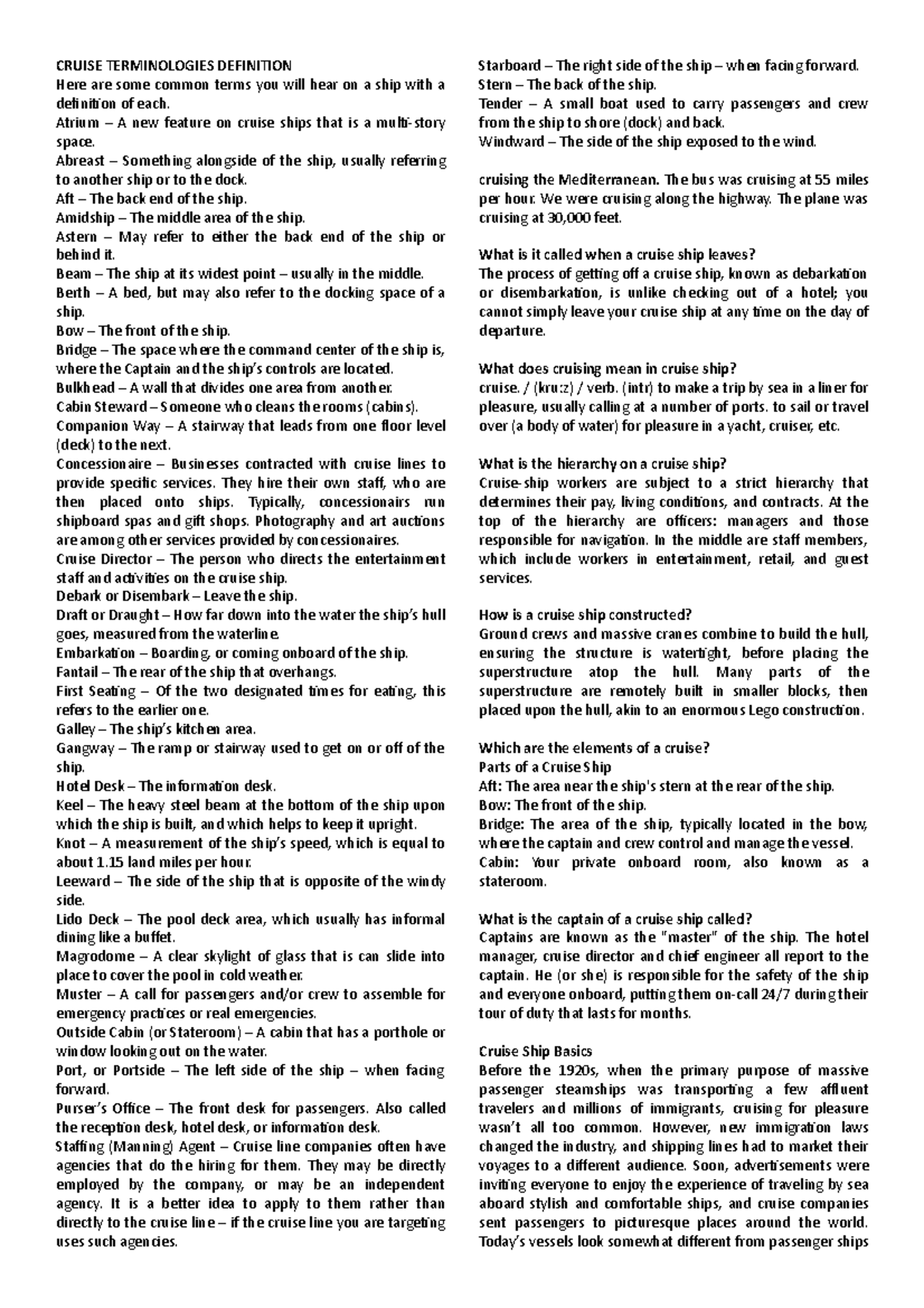 Cruise assignment 1 recitation - CRUISE TERMINOLOGIES DEFINITION Here ...