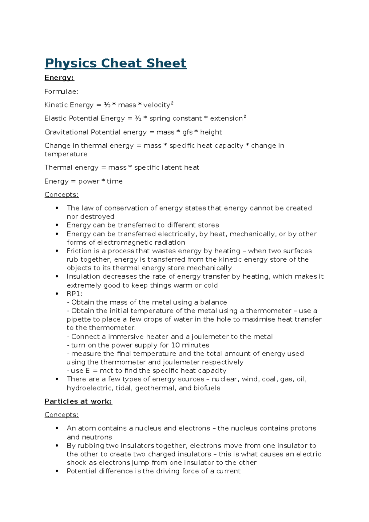Physics Cheat Sheet - Physics Cheat Sheet Energy: Formulae: Kinetic ...