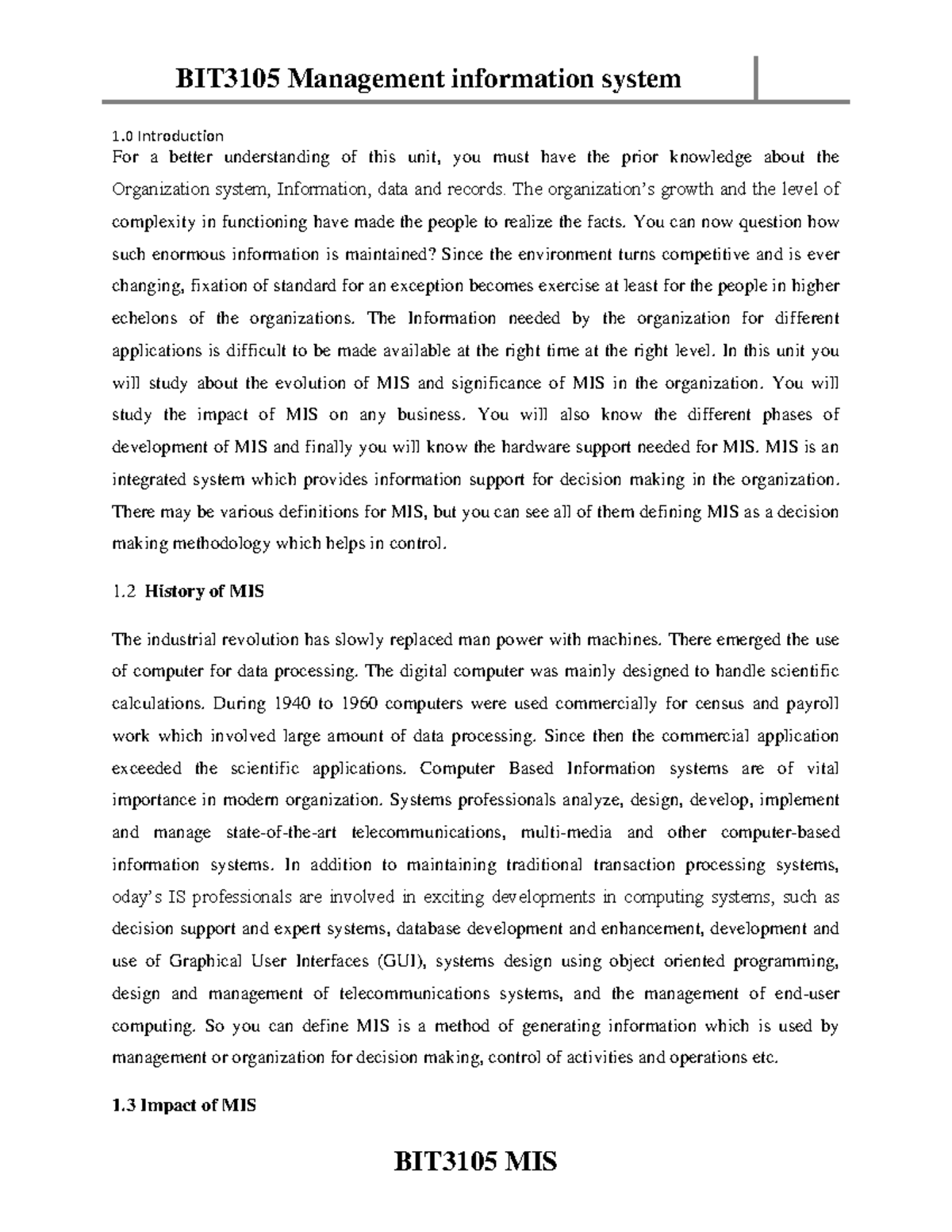 BIT3105 Management Information Systems - 1 Introduction For a better ...