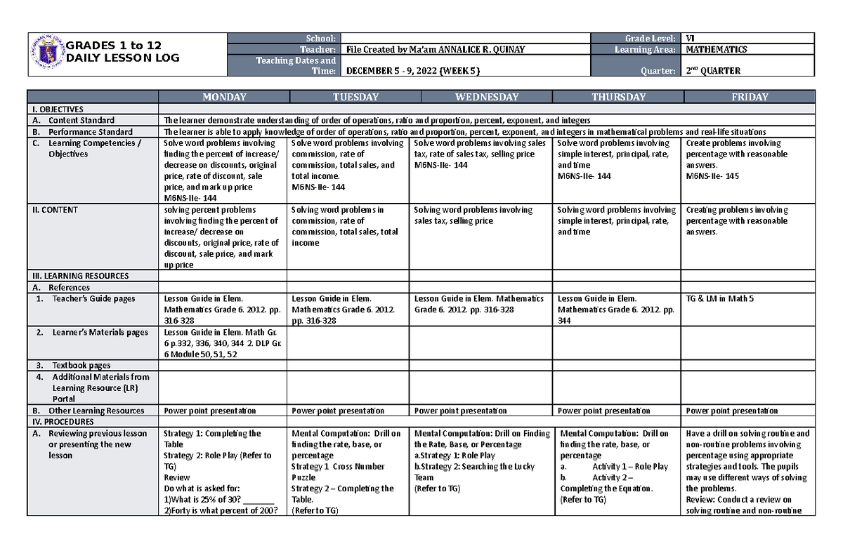 DLL Mathematics 6 Q2 W5 - GRADES 1 to 12 DAILY LESSON LOG School: Grade ...