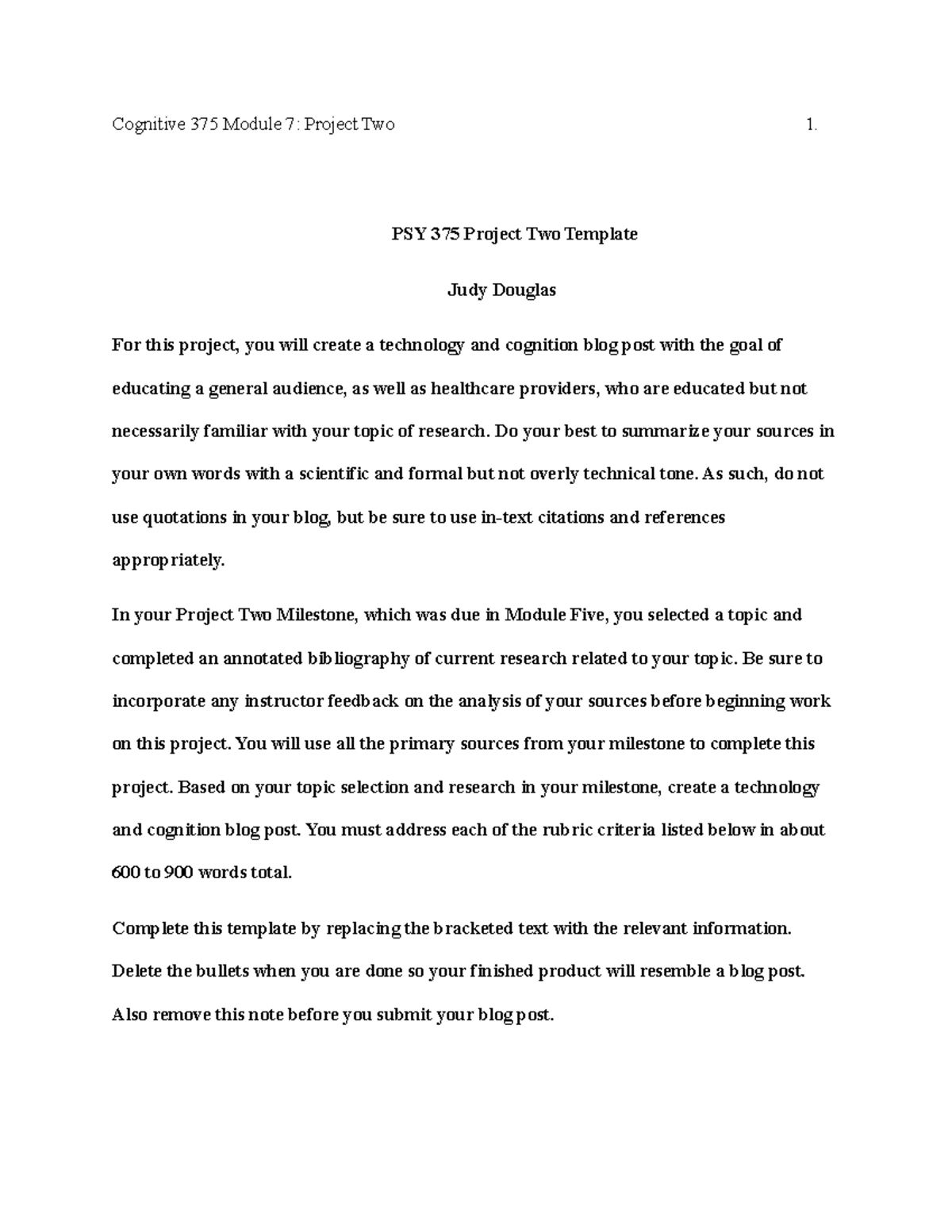 Cognative 375 Module 7 Project Two - PSY 375 Project Two Template Judy ...