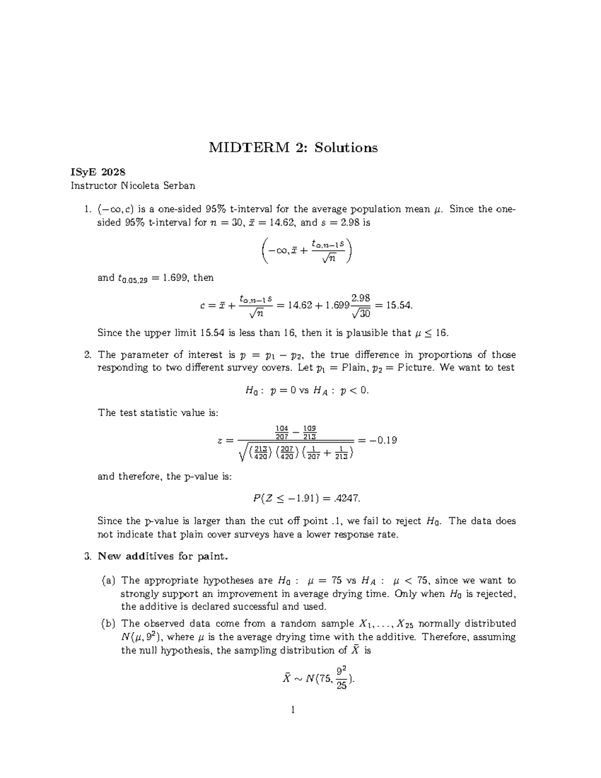Midterm 2 Solutions - MIDTERM 2: Solutions ISyE 2028 Instructor ...