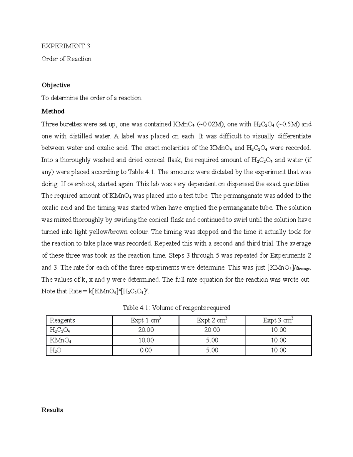 Experiment 3 - PHYSICAL CHEMISTRY - EXPERIMENT 3 Order of Reaction ...