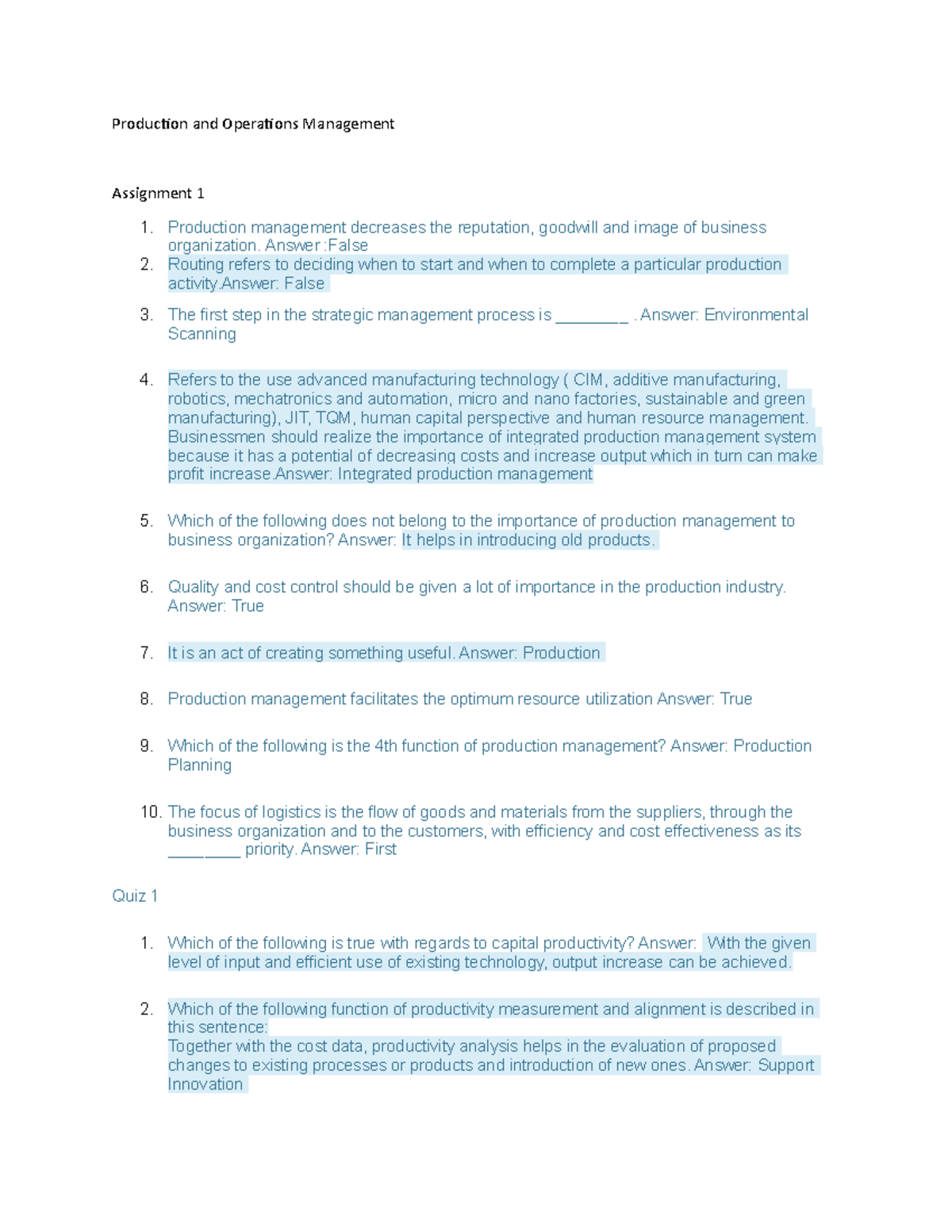 Production And Operations Management Assignments And Quizzes