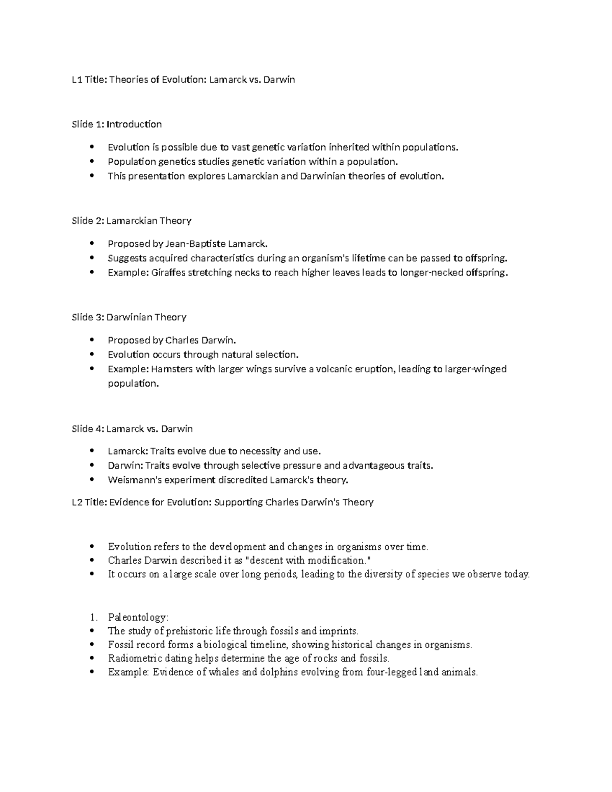 Ch.3 evolution overview notes - L1 Title: Theories of Evolution ...