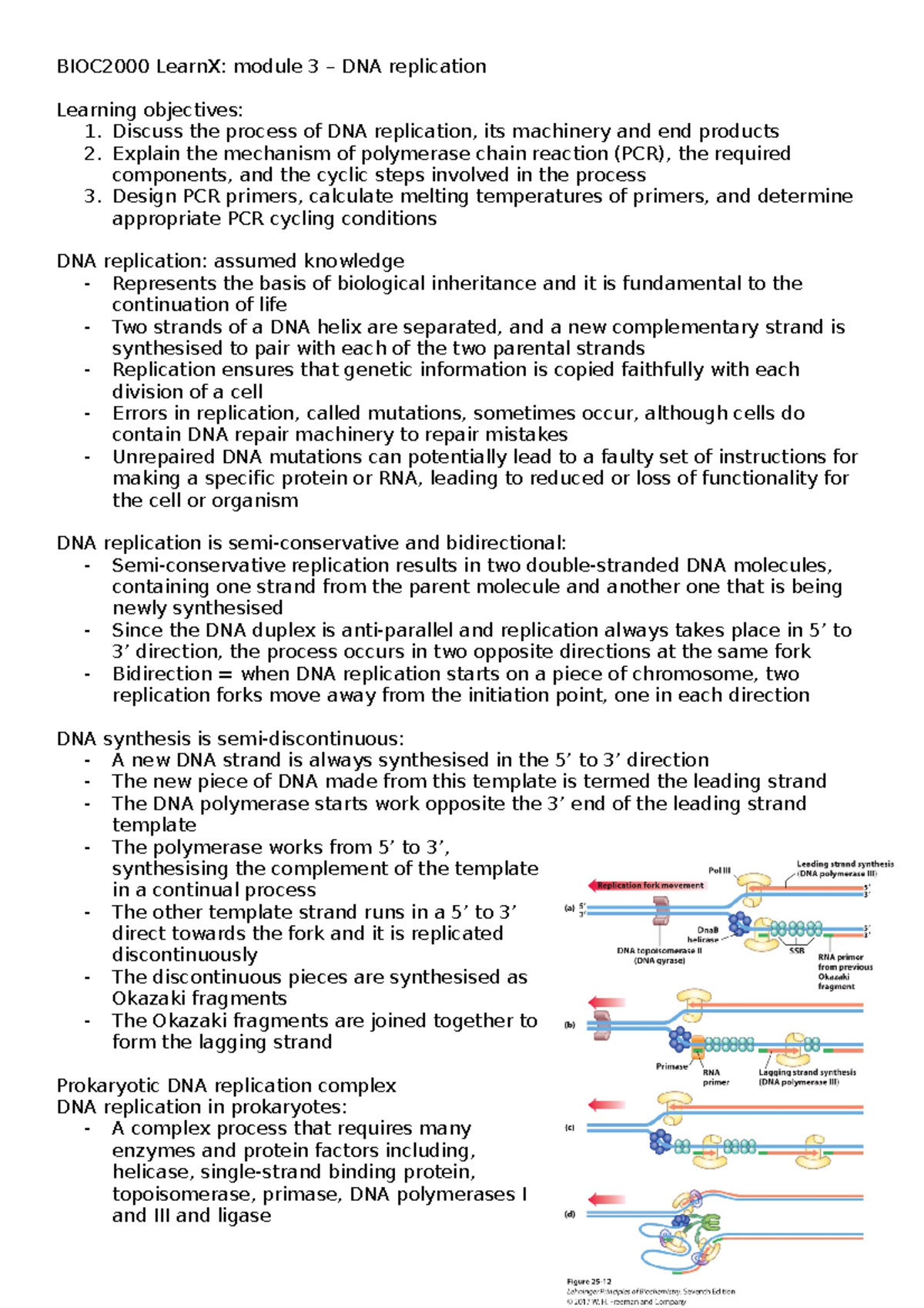 BIOC2000 Learn X - module 3 - BIOC2000 LearnX: module 3 – DNA replication Learning objectives: 1 ...