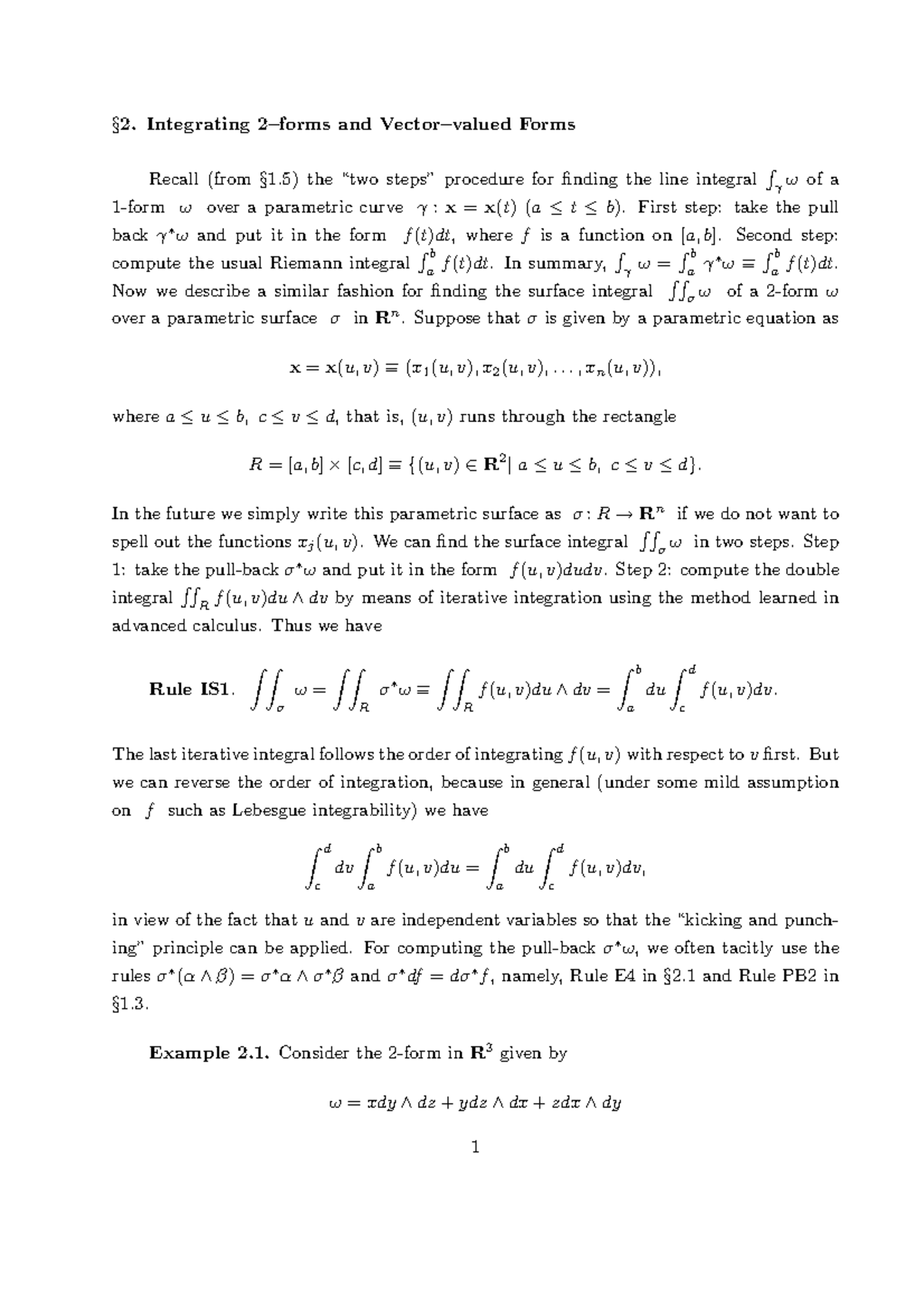Lecture Notes Integration of 2 Forms And Vector Valued forms - §2 ...