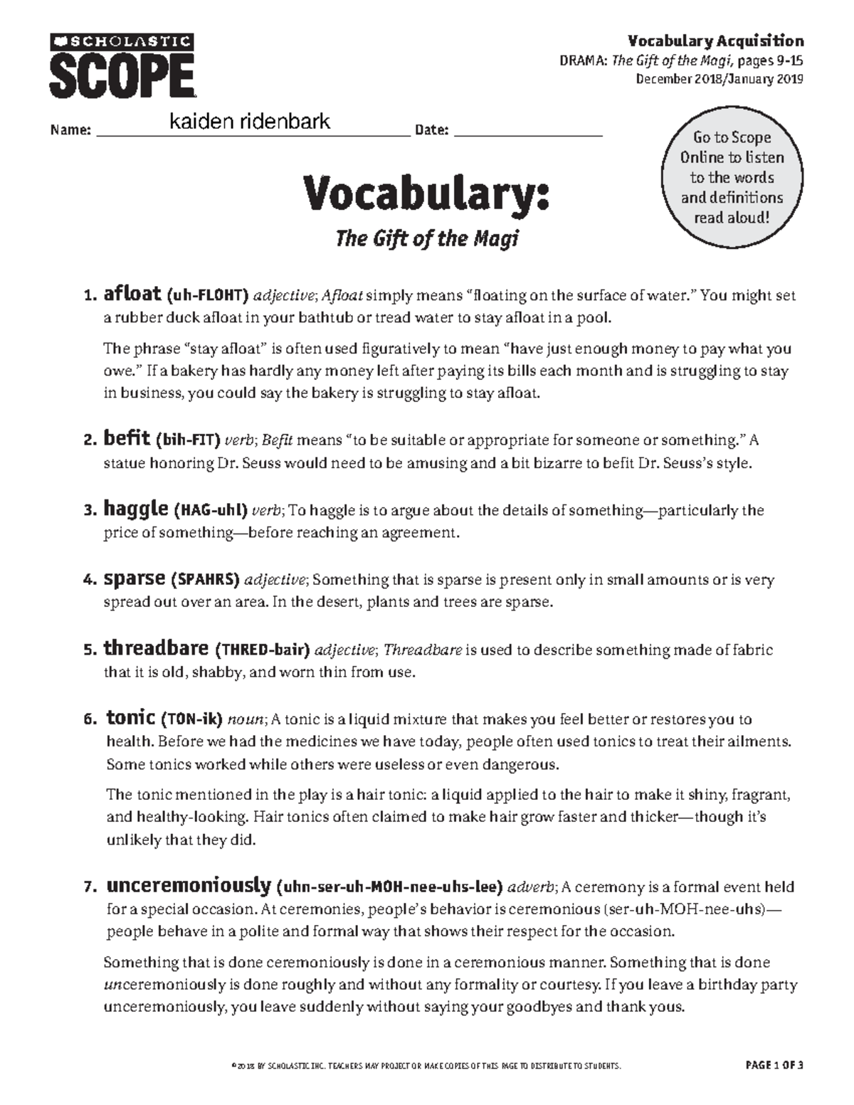 Vocabulary The Gift of The Magi - Vocabulary: The Gift of the Magi 1 ...