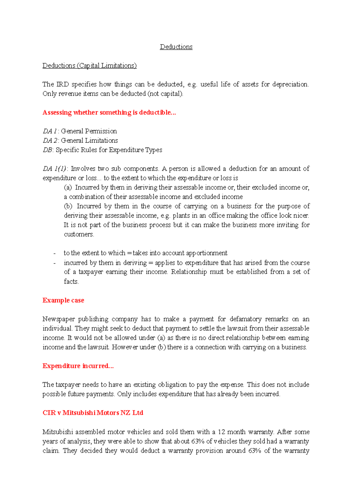 Deductions - LECTURE NOTES - Deductions Deductions (Capital Limitations ...