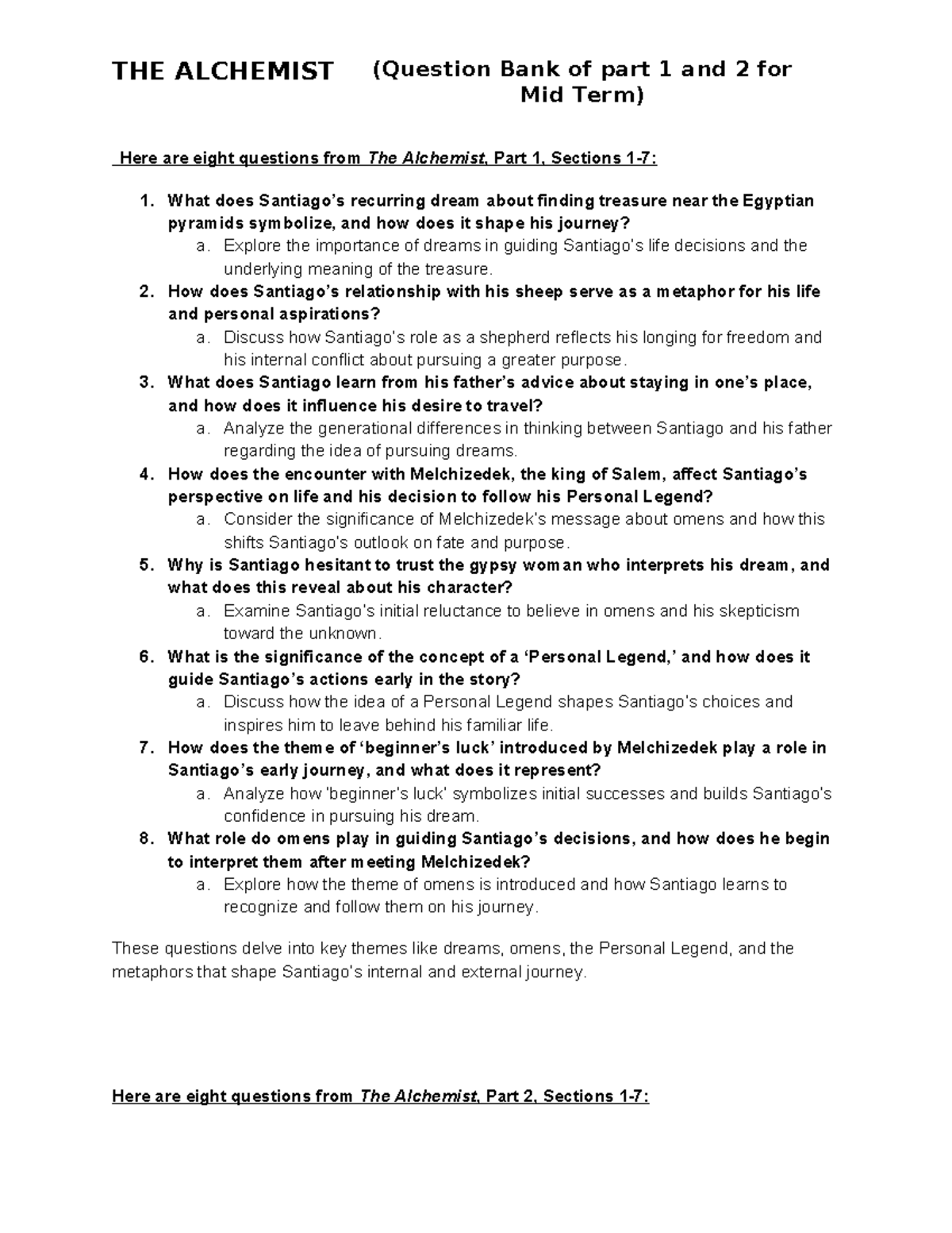 THE Alchemist (QB for Midterm) - THE ALCHEMIST (Question Bank of part 1 ...