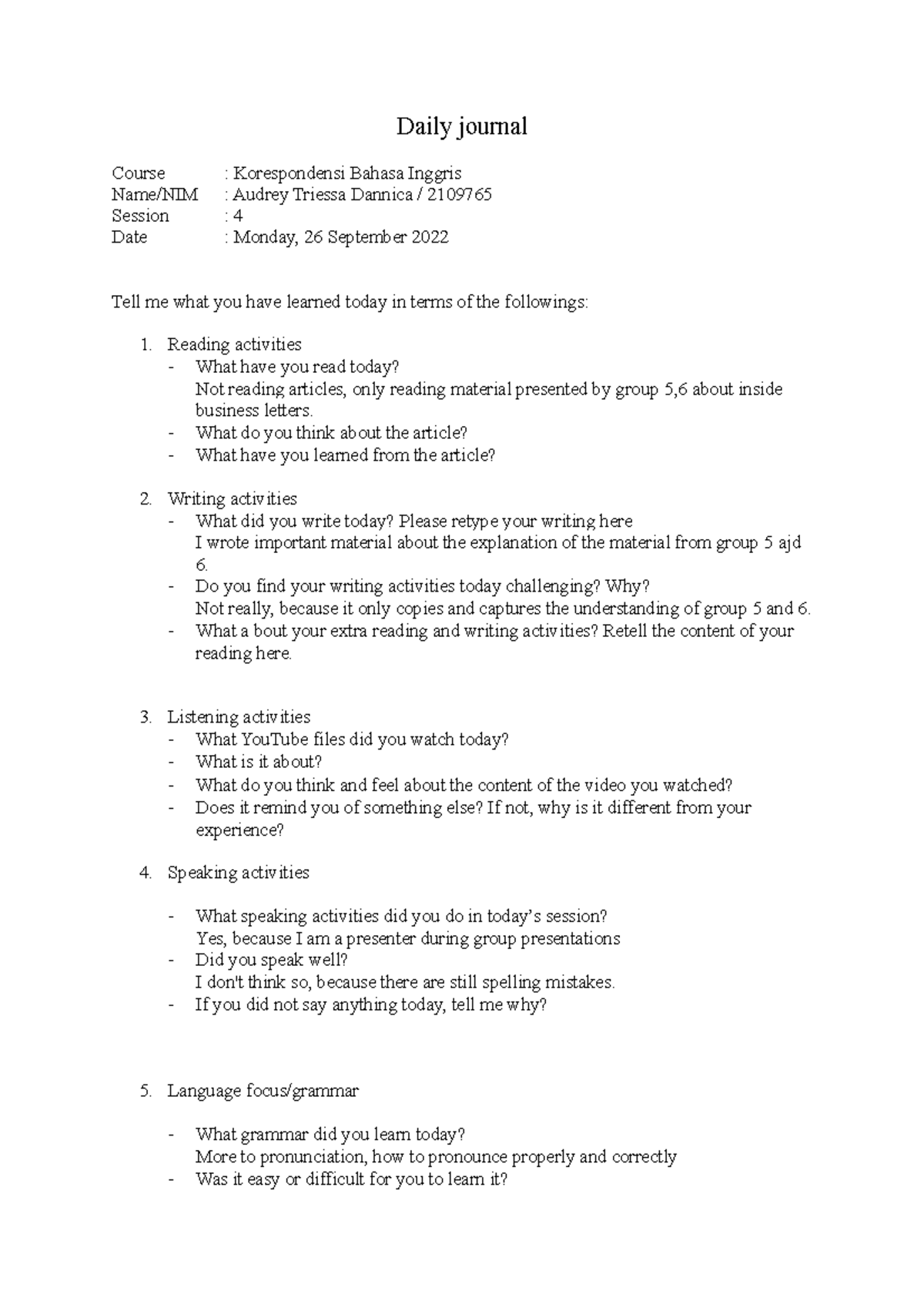 Daily journal at English Course to reflect student's understanding ...