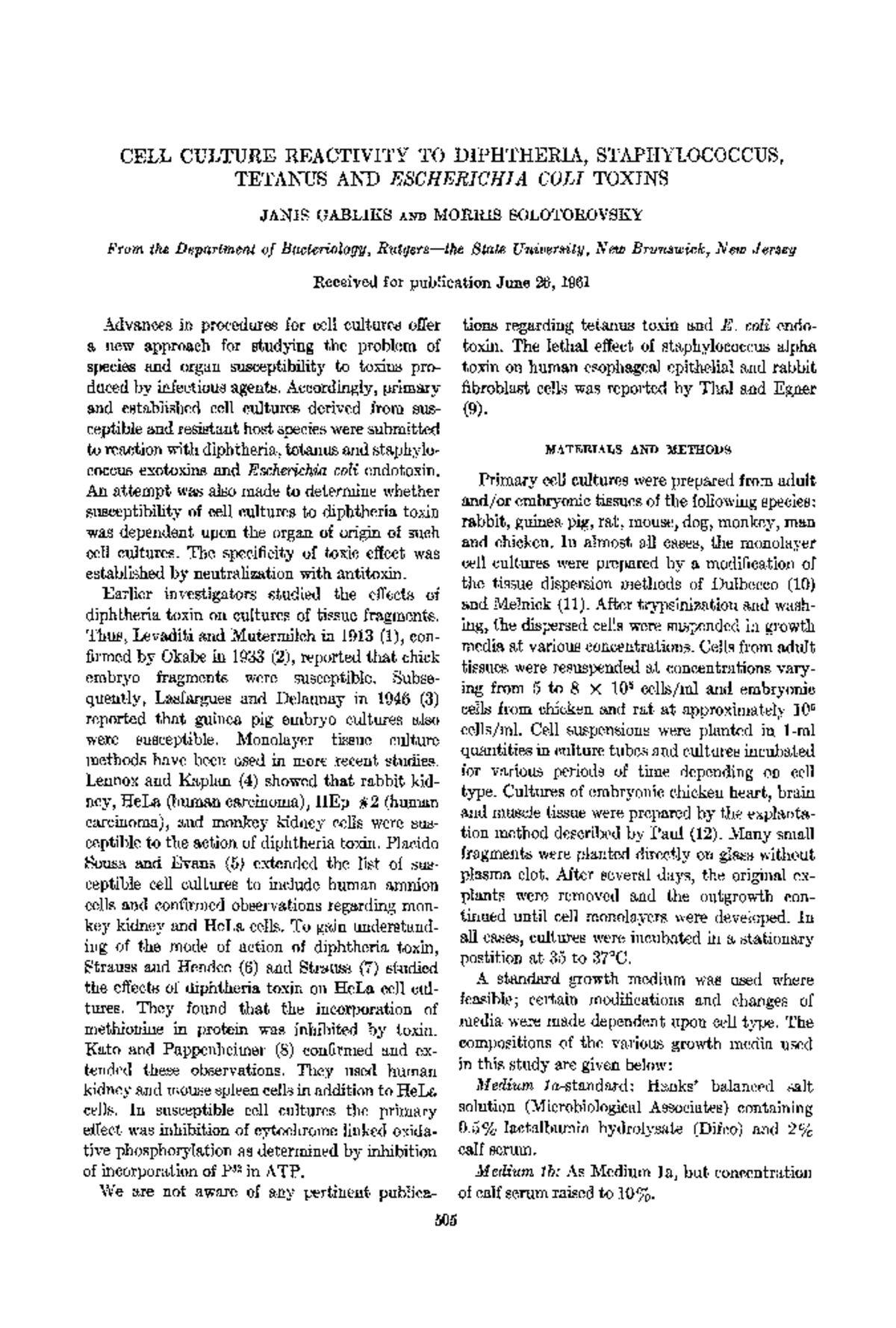 Gabliks'61 Cell Culture - C E L L C U L T U R E R E A C T I V I T Y TO ...
