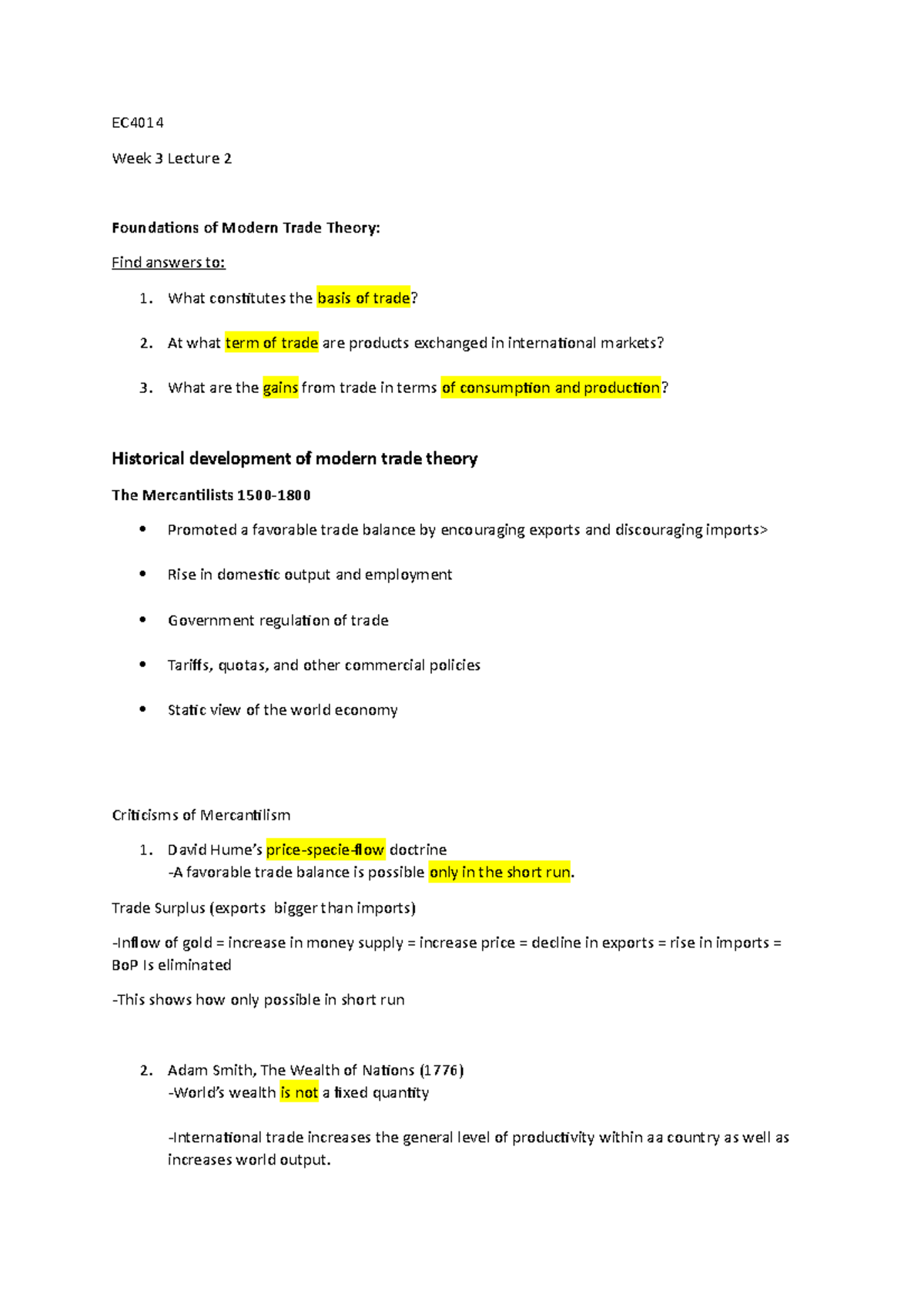 EC4014 Week 3 Lecture 2 Week 4 Lecture 1 - EC Week 3 Lecture 2 Foundations of Modern Trade ...