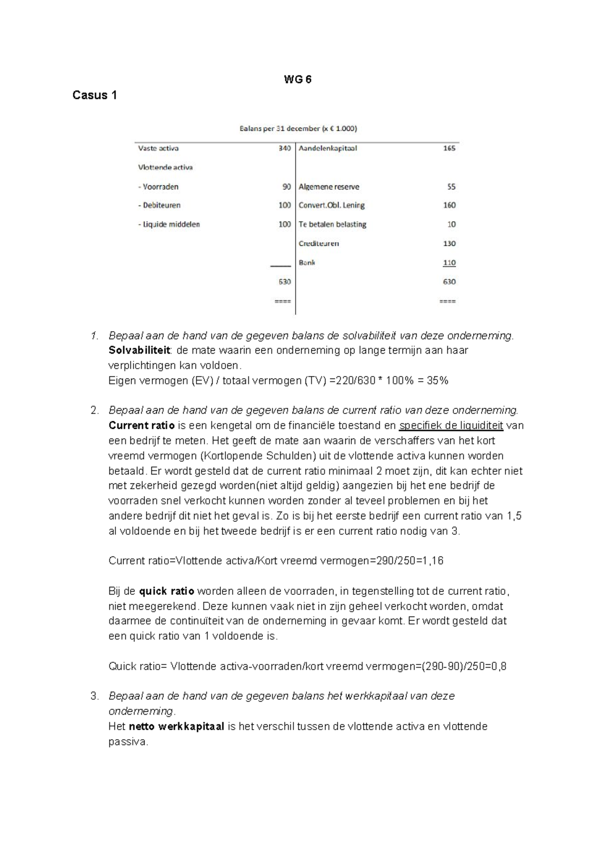 WG6 - Bedrijfswetenschappendeel, solvabiliteit, liquiditeitsratio's ...