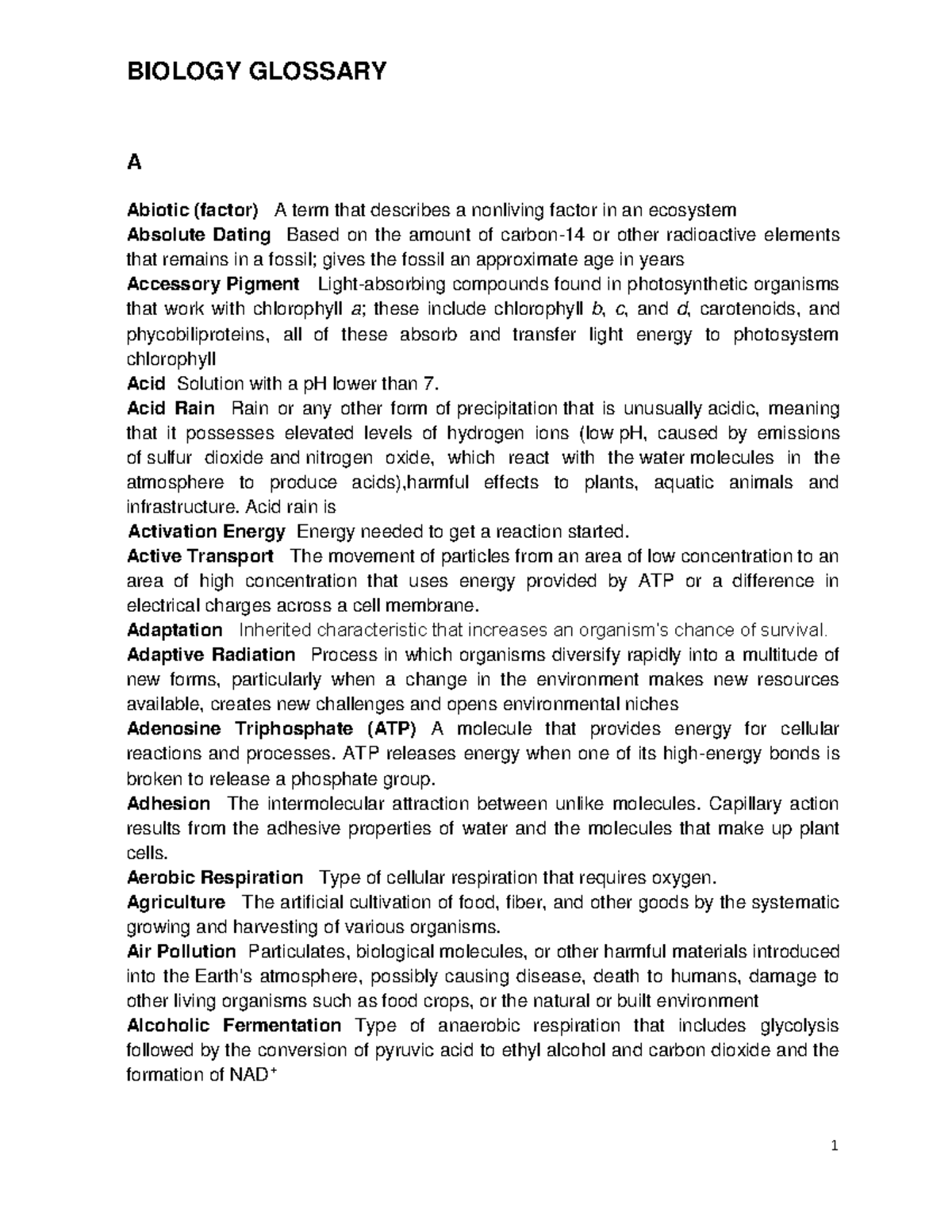 NEW Glossary Combined - summary - BIOLOGY GLOSSARY A Abiotic (factor) A ...