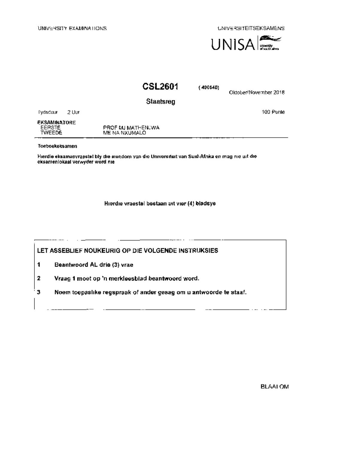 CSL2601 2018 10 A 1 - 2018 November - CSL2601 - Studocu