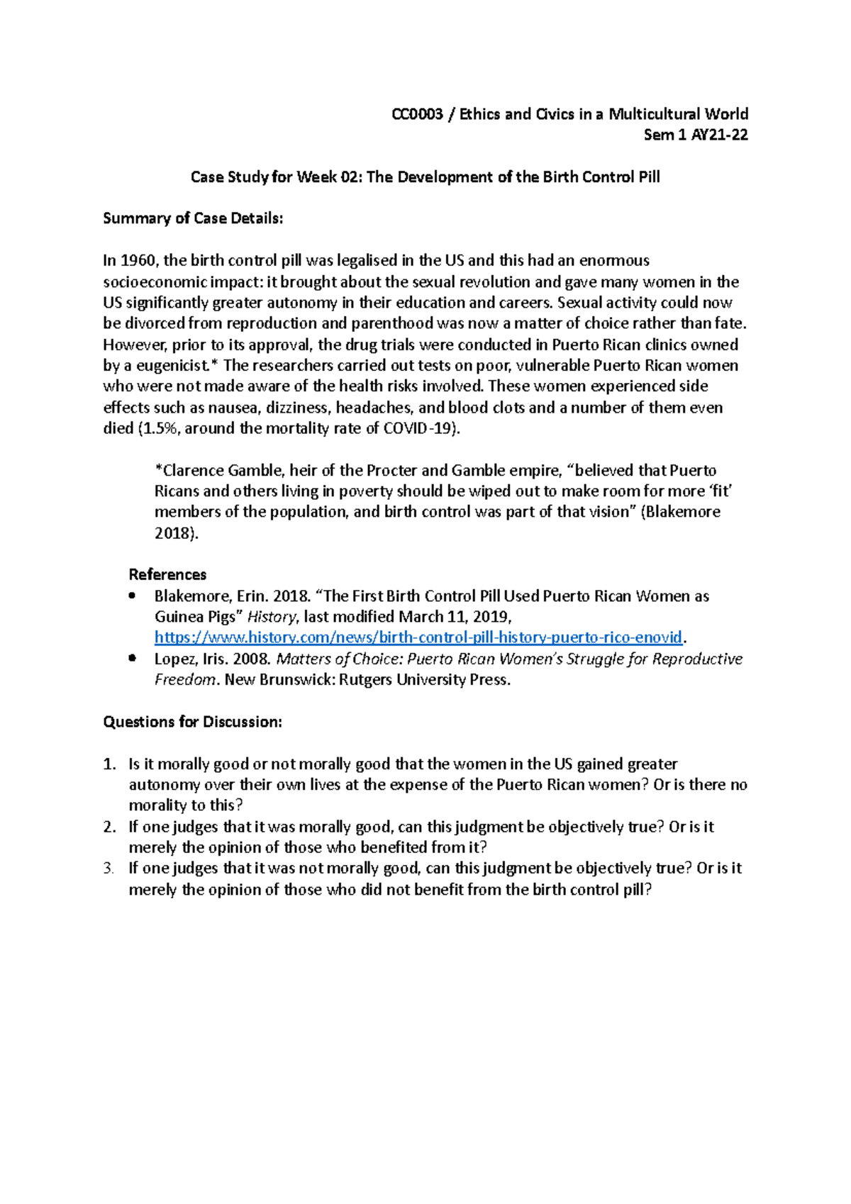 CC0003 Wk2 Case Study - CC0003 / Ethics and Civics in a Multicultural ...