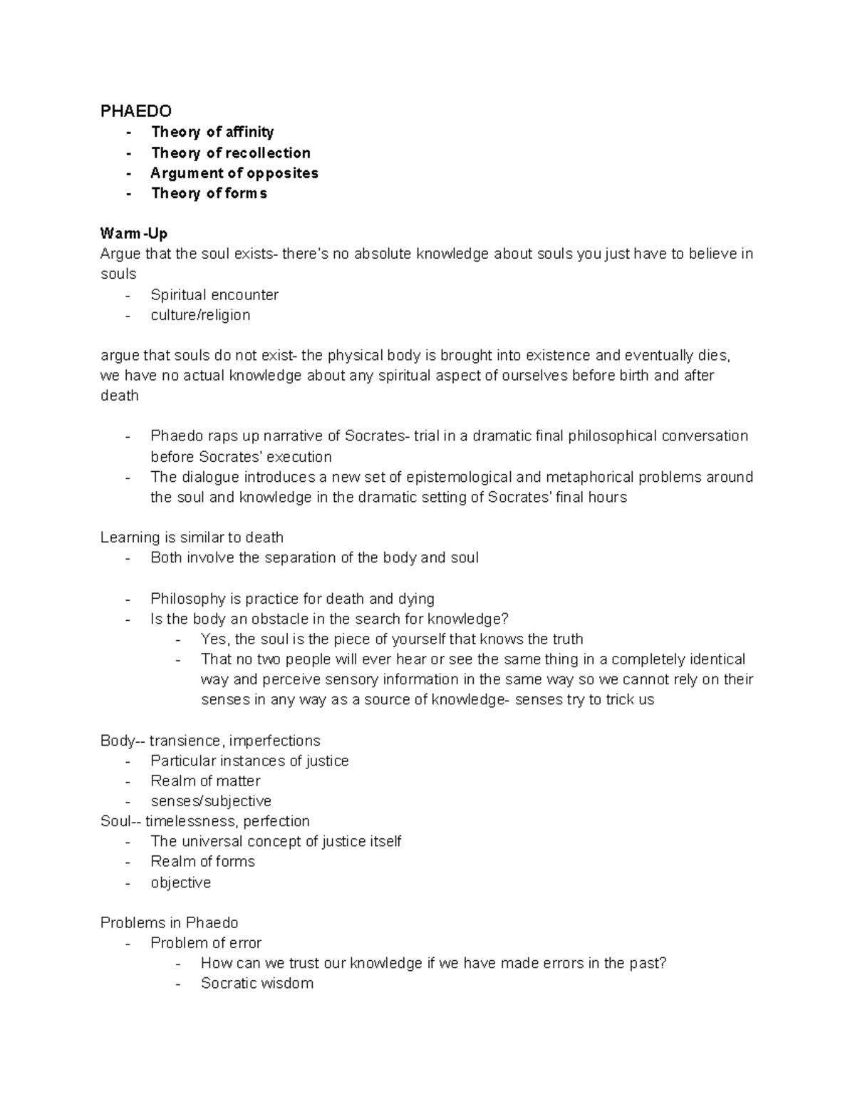 Plato, Phaedo Notes - PHAEDO Theory of affinity Theory of recollection ...