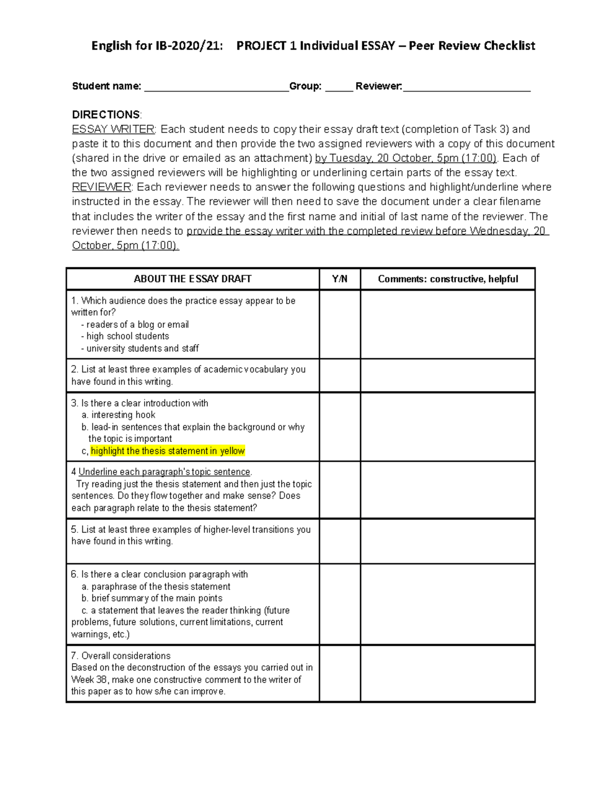 Project 1 - Individual Essay Peer Review checklist(1) - English for IB ...