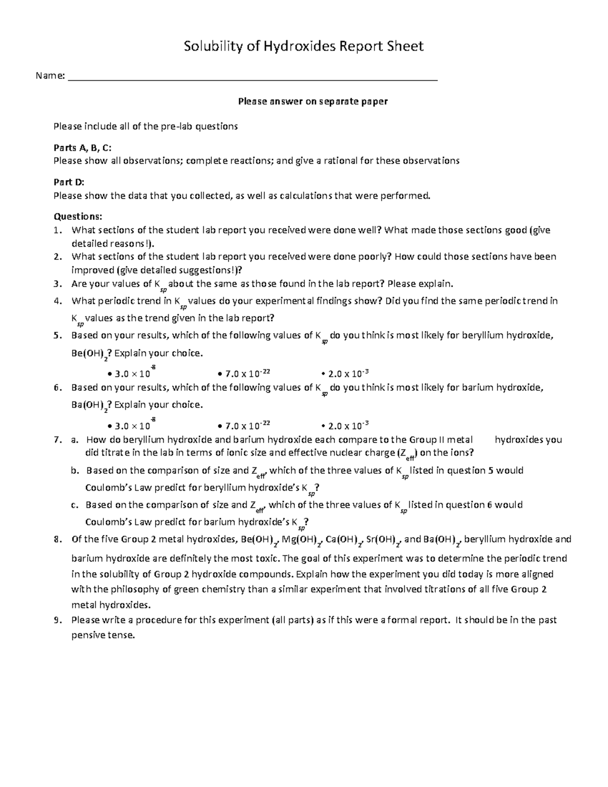 Solubility of Hydroxides Report Sheets W2019 - Solubility of Hydroxides Report Sheet Name: - Studocu