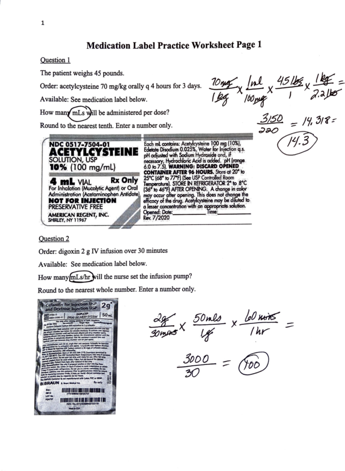 Math practice - 1 Medication Label Practice Worksheet Page 1 Question 1 ...