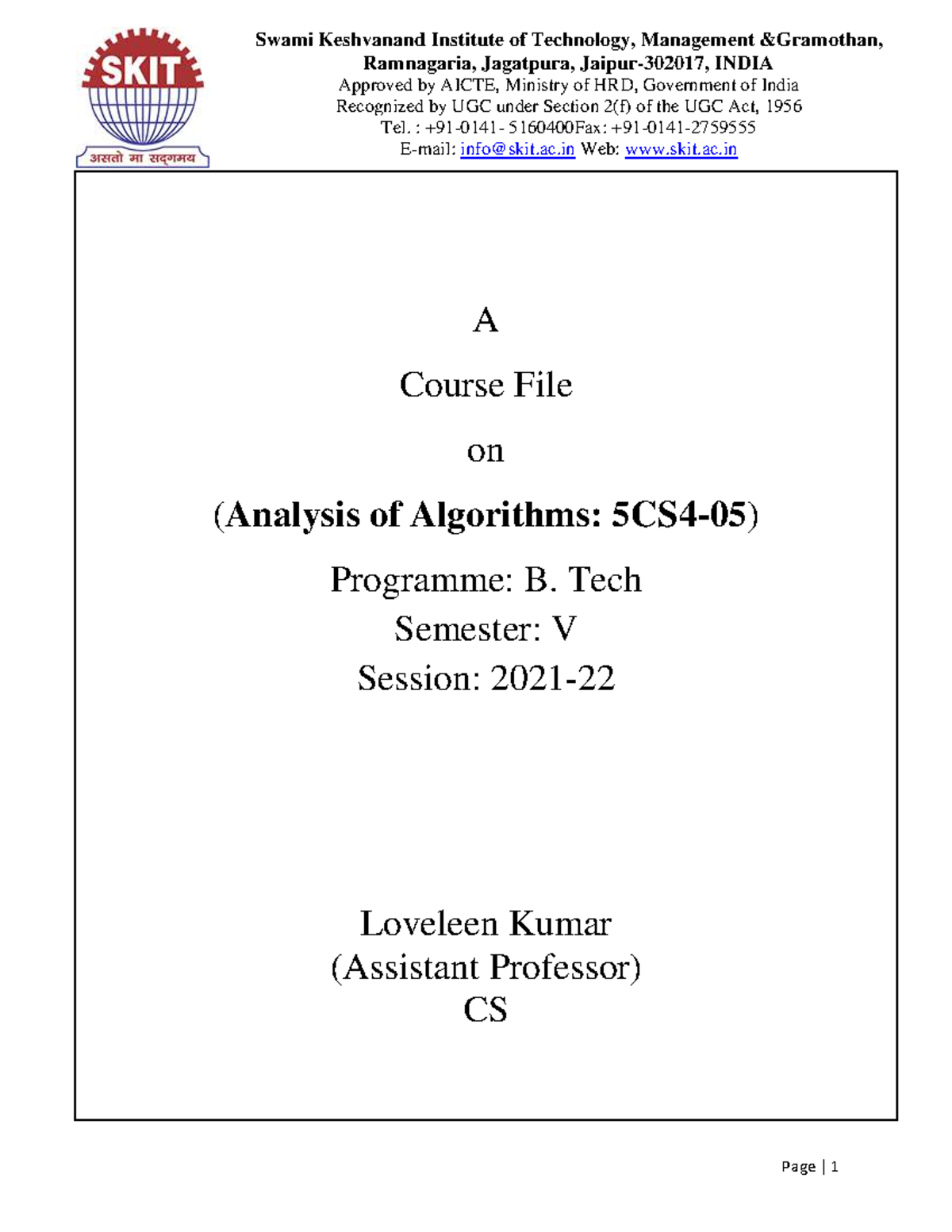 5CS4-03 Analysis of Algorithm Loveleen-Kumar - Ramnagaria, Jagatpura, Jaipur- 302017 , INDIA ...