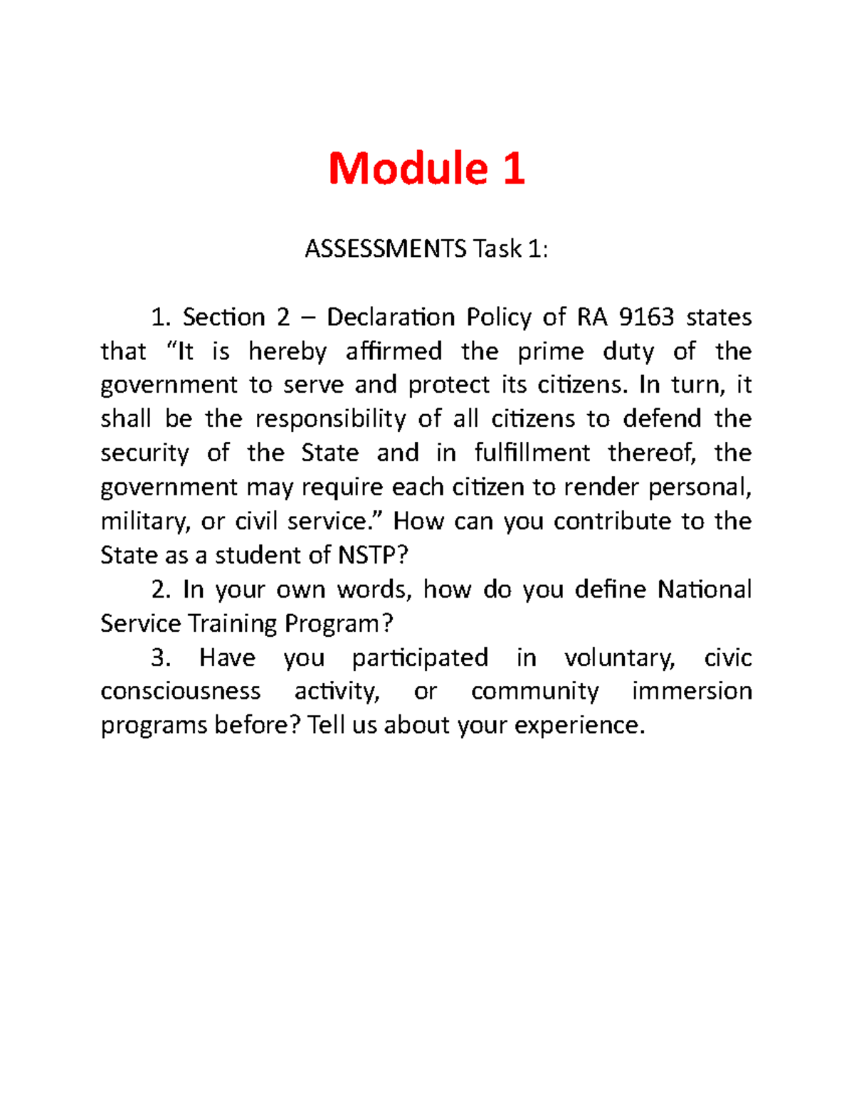 Assessments-module 1234 NSTP modules to answer - ASSESSMENTS Task 1: 1 ...