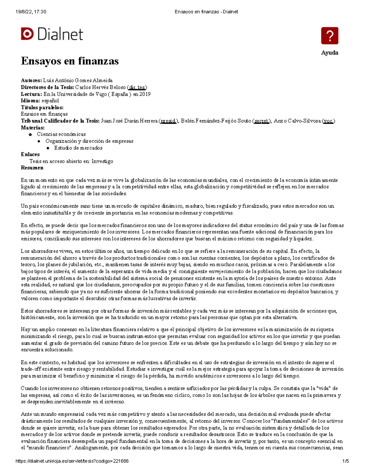 Ensayos en finanzas - Dialnet - Ensayos en finanzas Autores: Luís ...