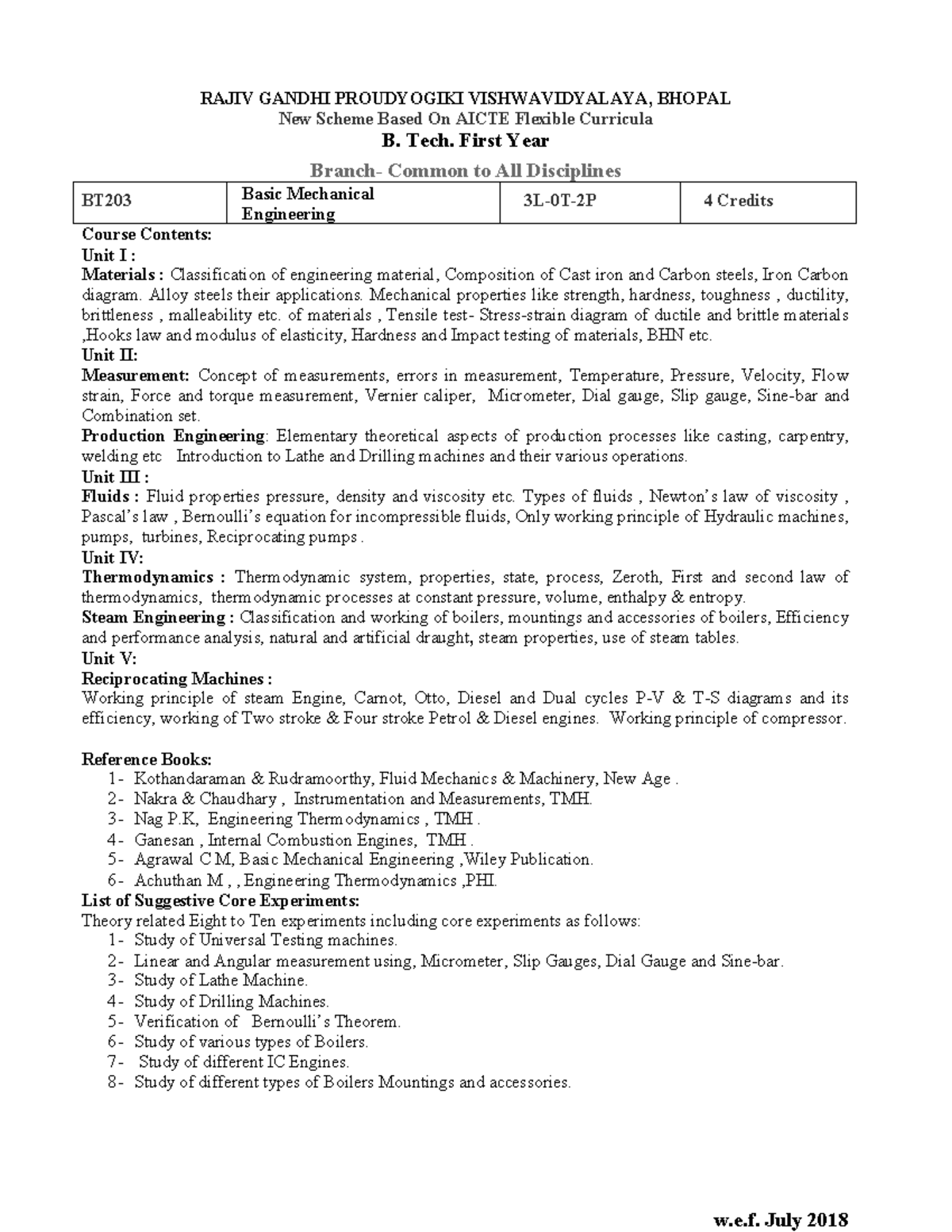 Syllabus BME Rgpv I Sem - w.e. July 2018 RAJIV GANDHI PROUDYOGIKI ...