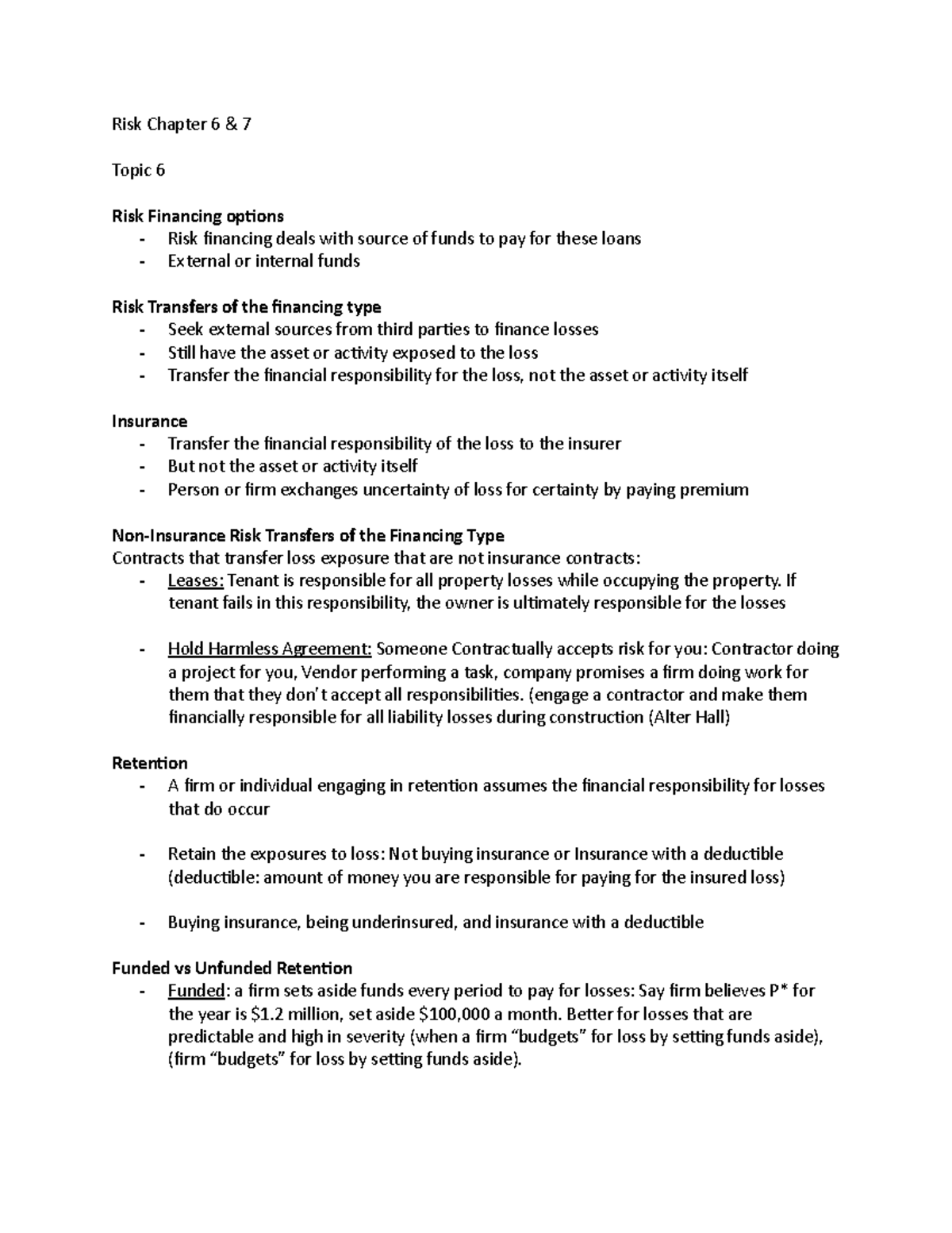 Intro to Risk Chapter 6 & 7 lecture notes - Risk Chapter 6 7 Topic 6 ...