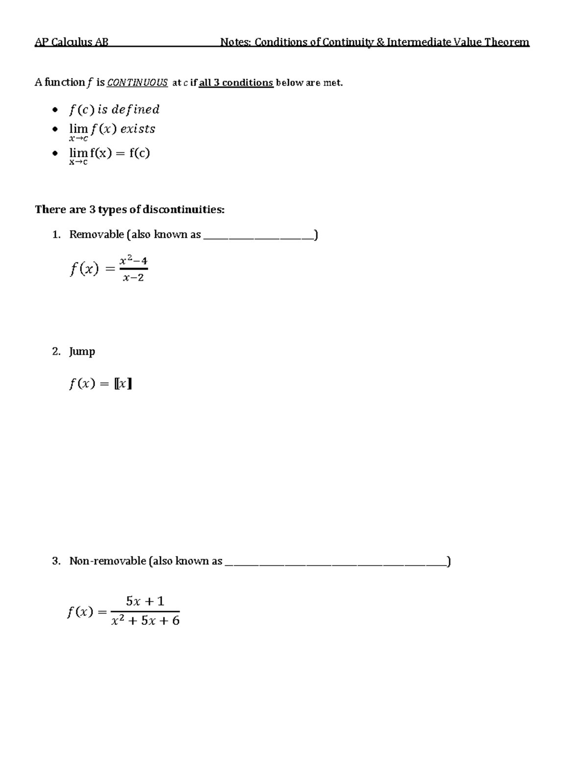 AB 2018 Continuity and IVT Notes - AP Calculus AB Notes: Conditions of ...