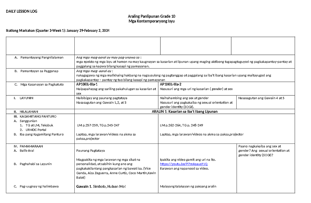 Dll ap10 q3 - lesson log - DAILY LESSON LOG Araling Panlipunan Grade 10 Mga Kontemporaryong Isyu ...