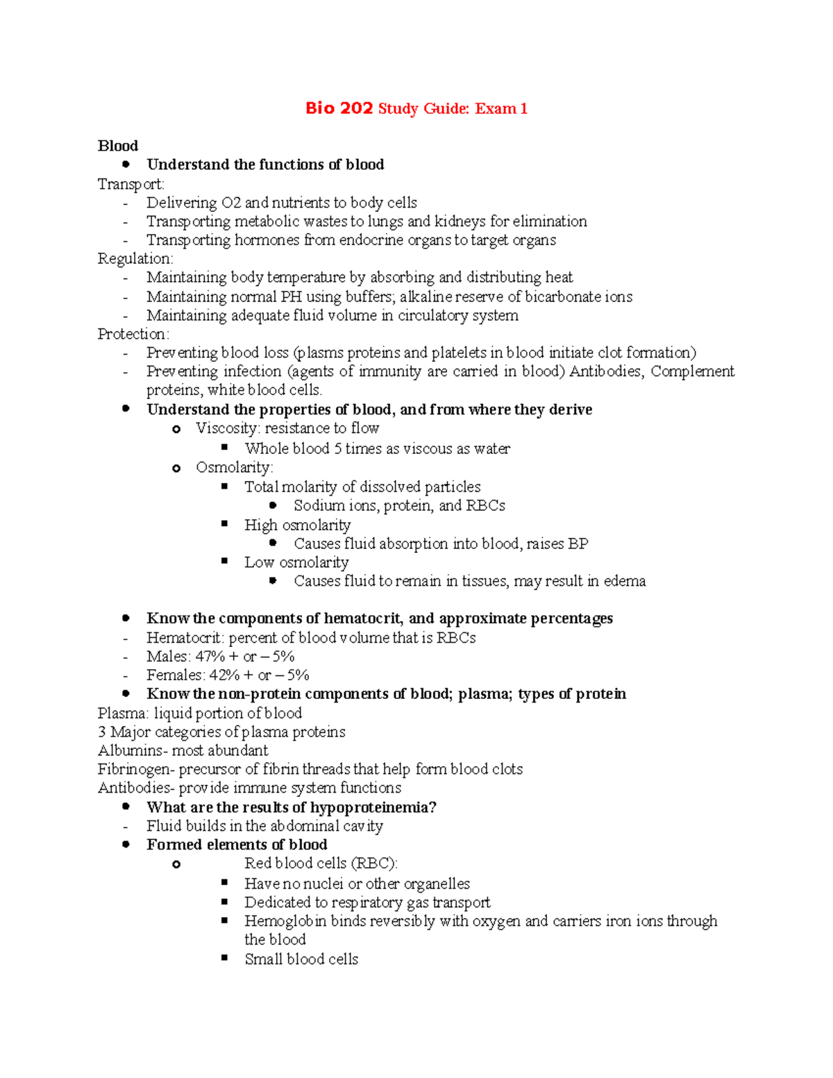 Exam 1 Study Guide - Bio 202 Study Guide: Exam 1 Blood Understand the ...
