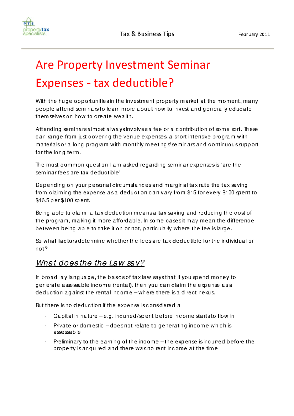 Are Property Investment Seminar Expenses Tax deductible - Are Property ...