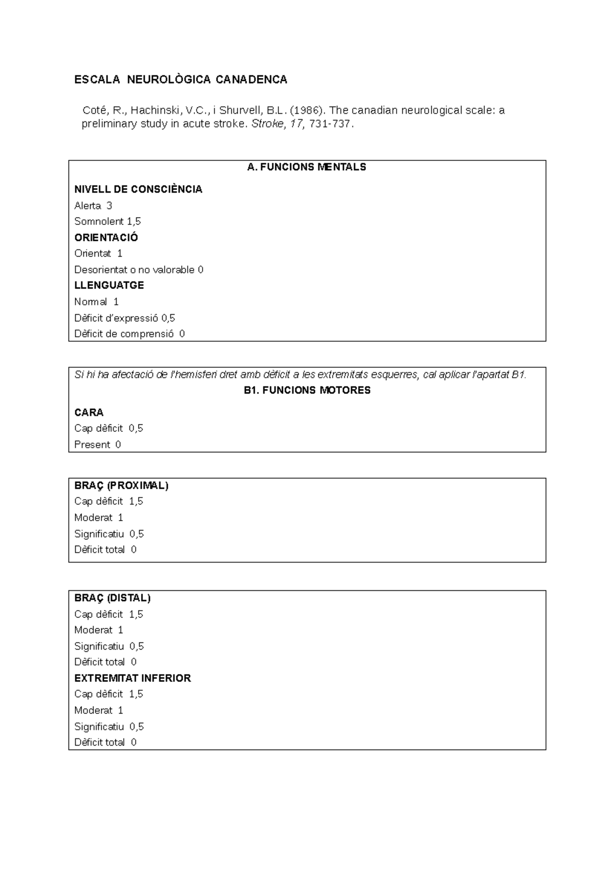 Escala Neurològica Canadenca - ESCALA NEUROLÒGICA CANADENCA Coté, R ...