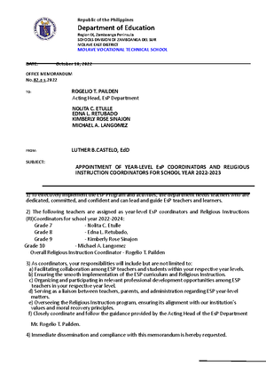 1. Unang Markahan - ESP 7 Quarter 1 - Handout for ESP 7 Q1 exam with ...