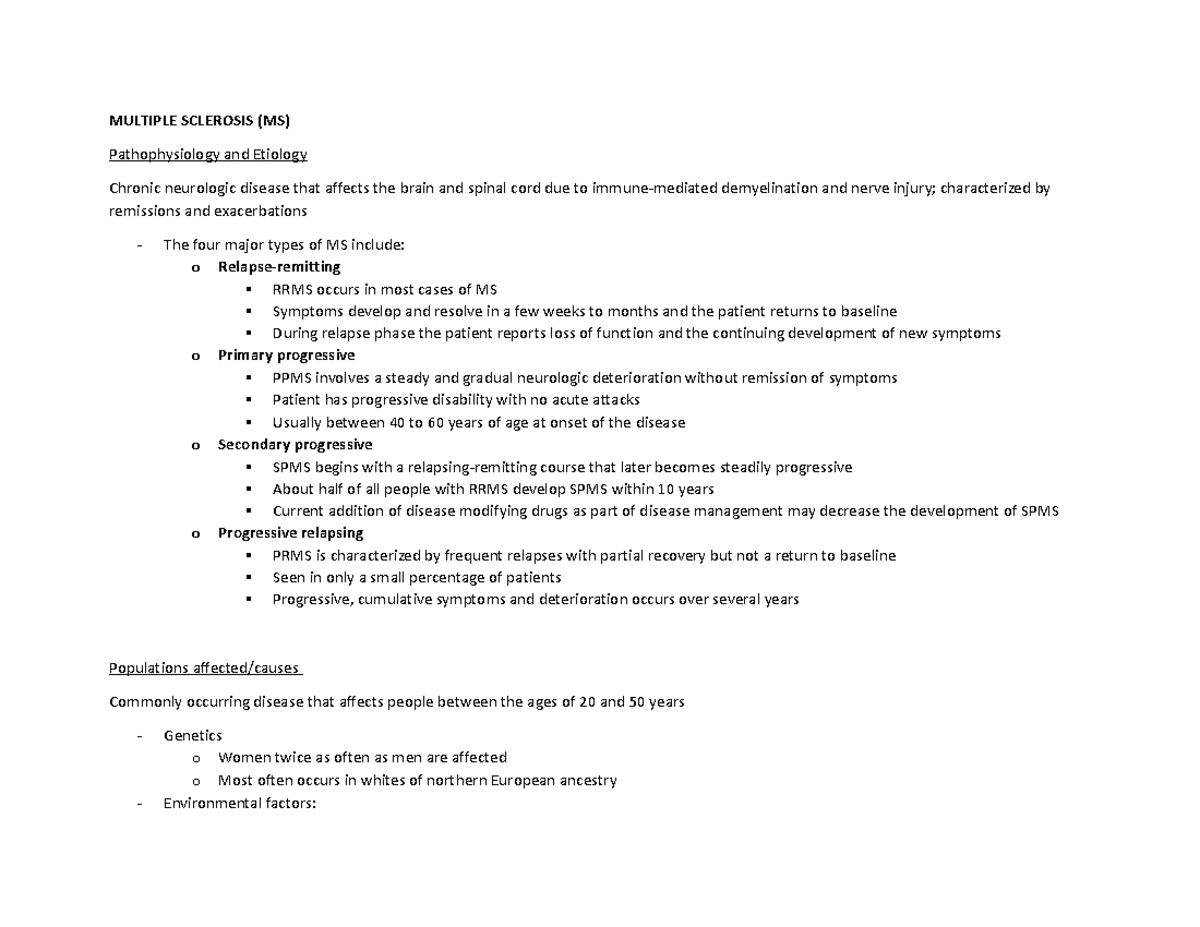 MS and ALS - ALS and MS notes from iggy chapter 40 - MULTIPLE SCLEROSIS ...