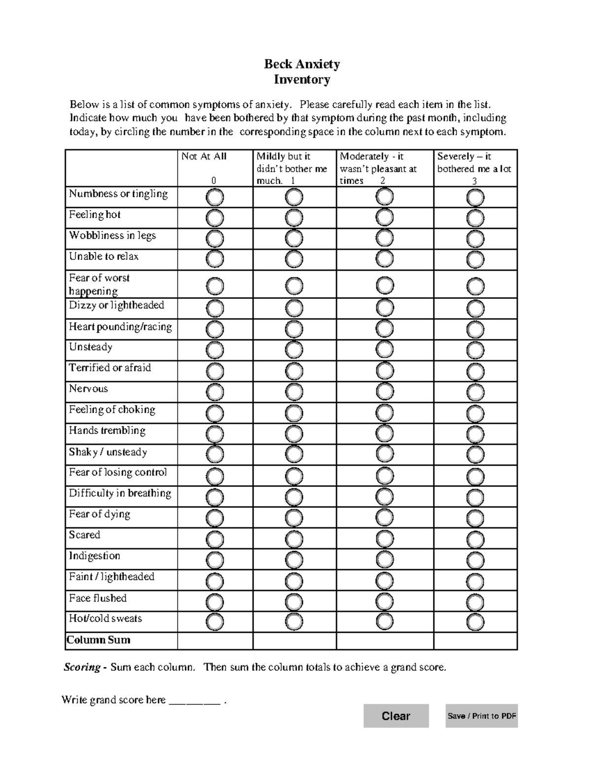 Anxiety Symptoms Questionnaire BAI - Beck Anxiety Inventory Below is a ...