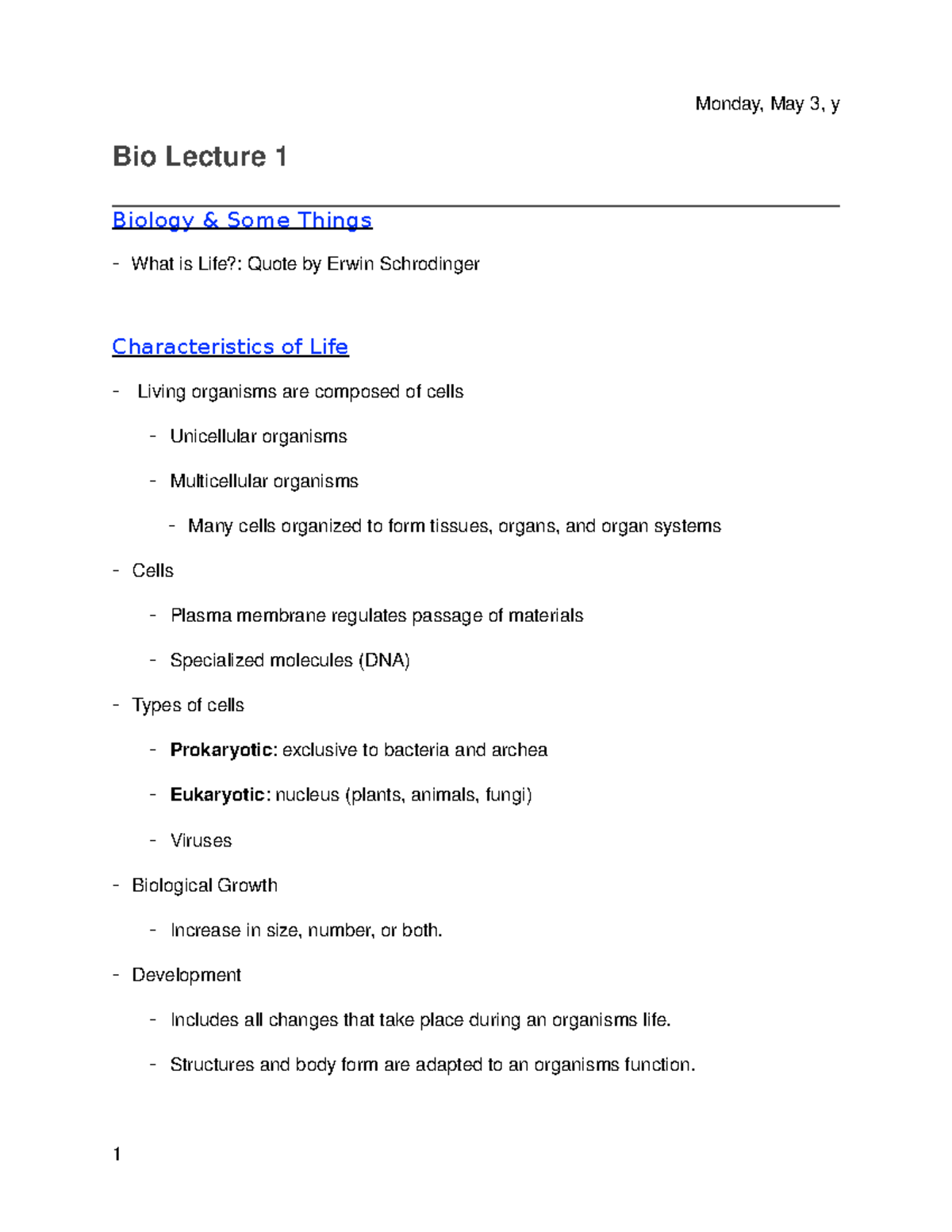 Bio Lecture 1 - Professor Casamatta - Monday, January 20, y Bio Lecture ...