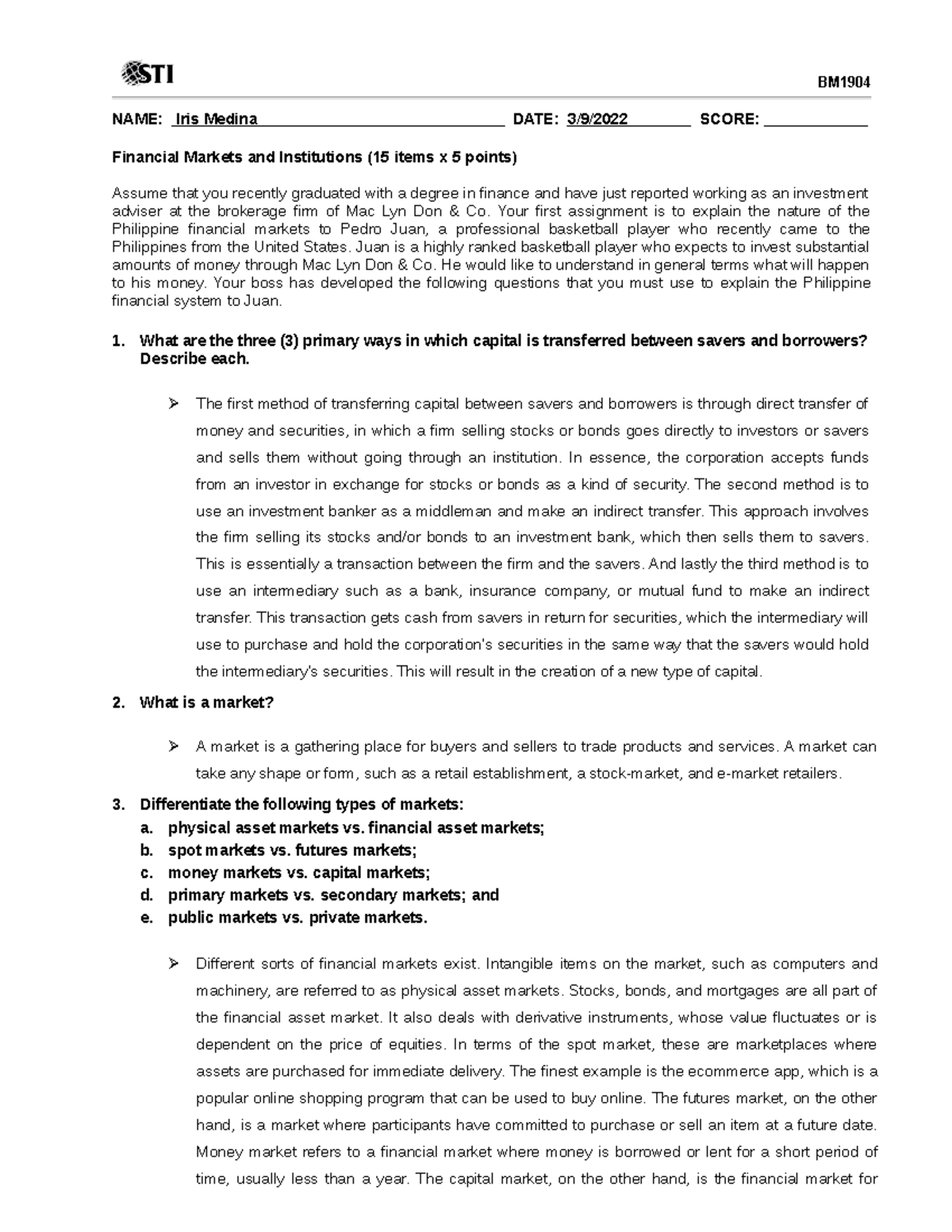 02 Task Performance 1 Finman Medina - BM NAME: Iris Medina DATE: 3/9 ...