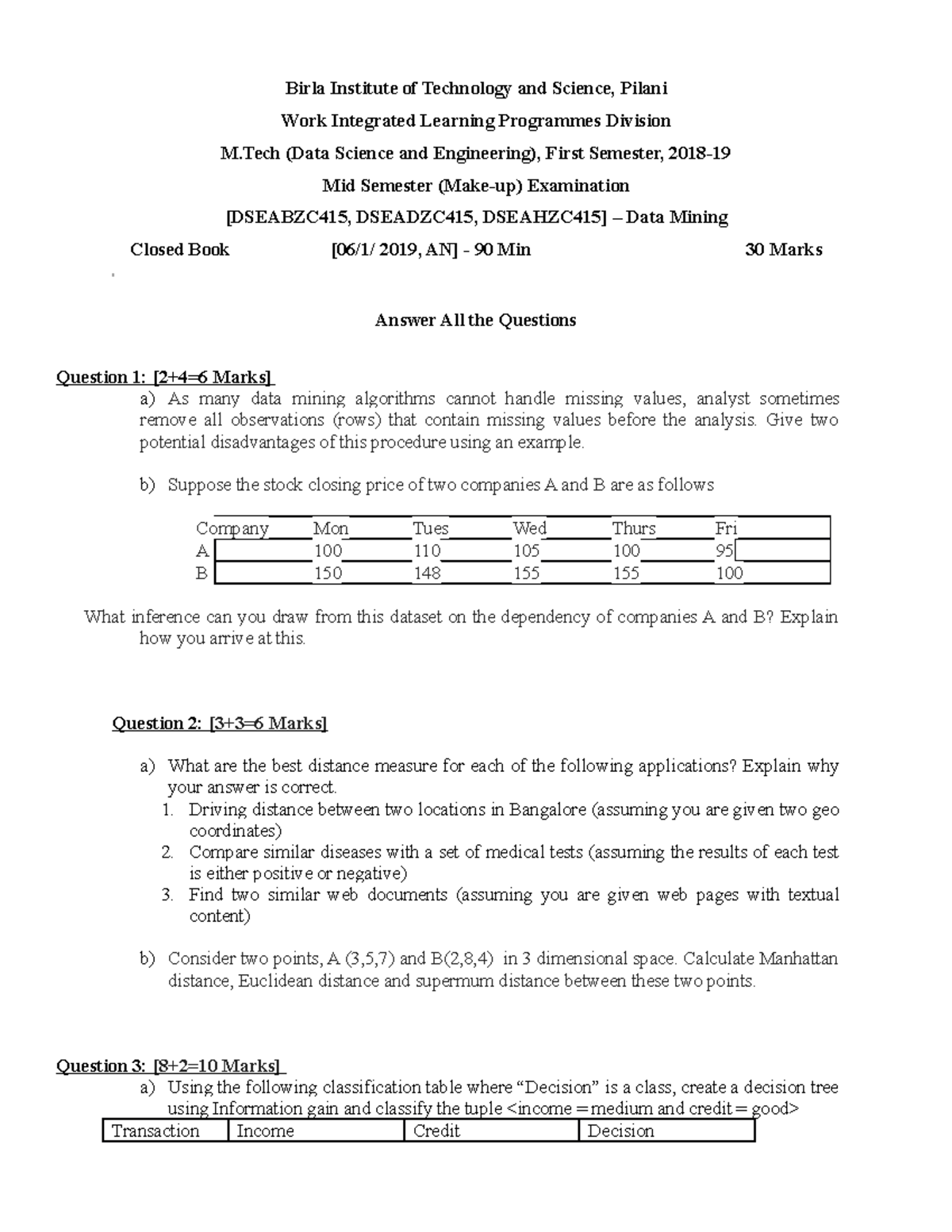 Exam 1 April 2018, questions - Birla Institute of Technology and ...