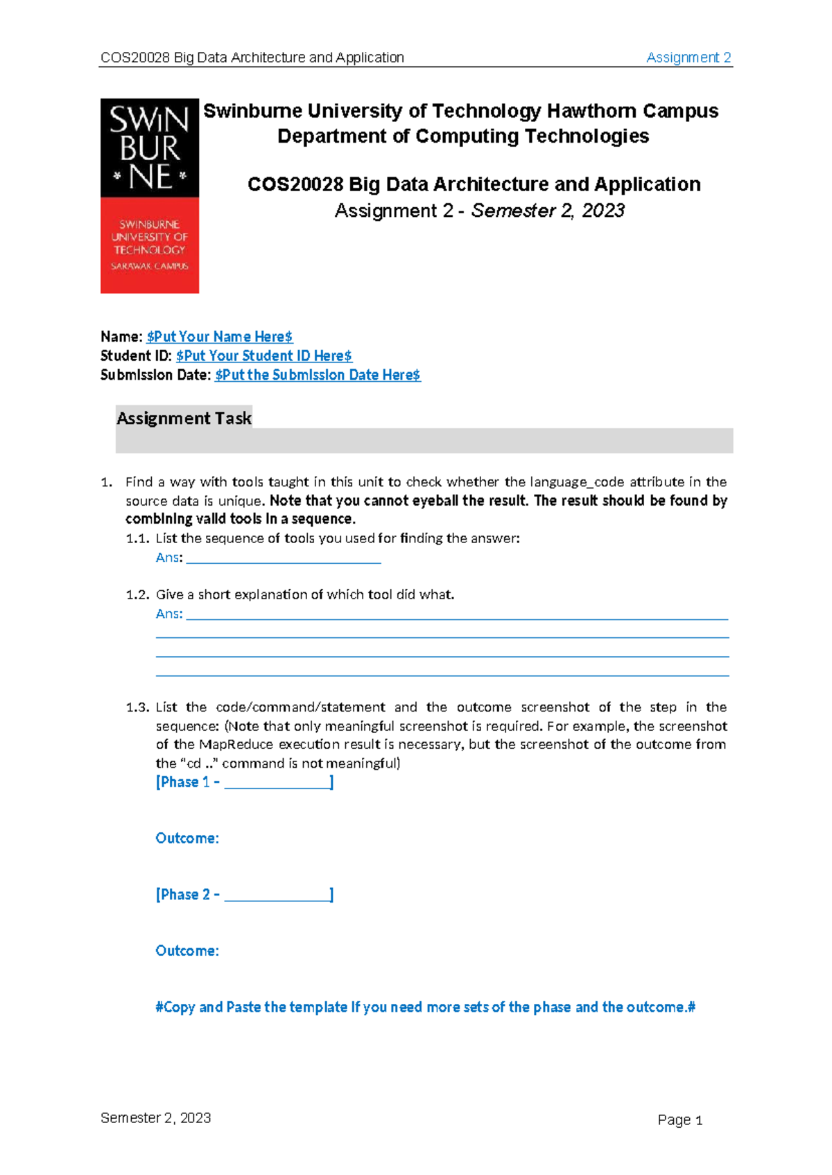 COS20028 Assignment 2 Template 2023 - COS20028 Big Data Architecture ...