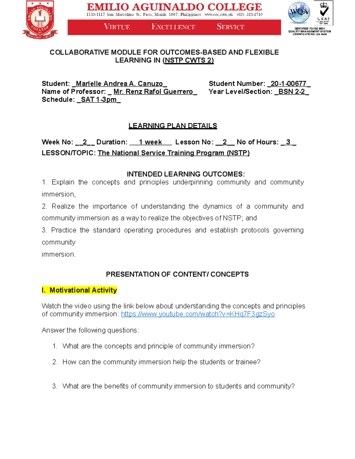 CWTS Module 2 Template and quiz and assignment - Nursing - Studocu