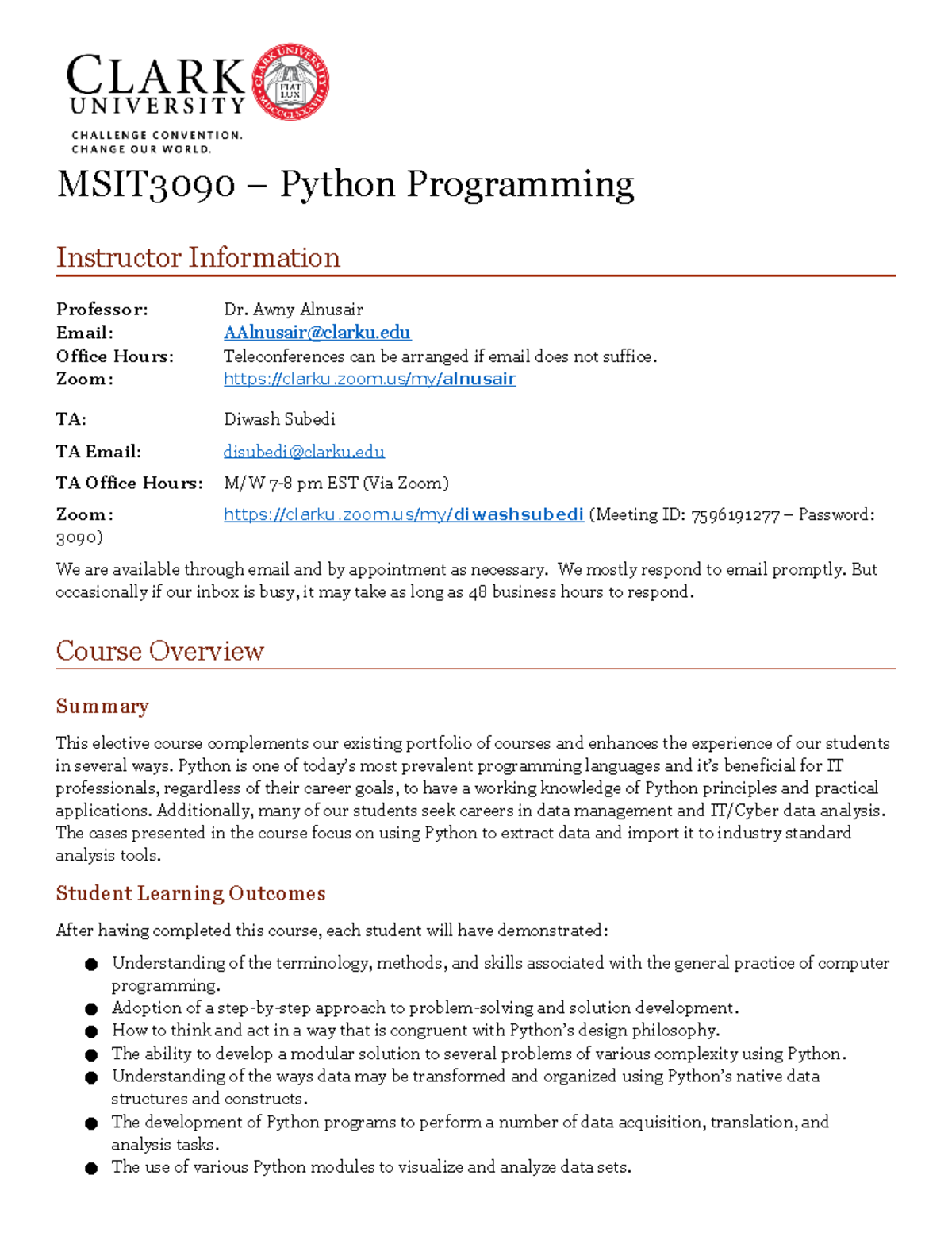 Syllabus MSIT3090 - Alnusair- Fall 2022 - MSIT3090 – Python Programming ...