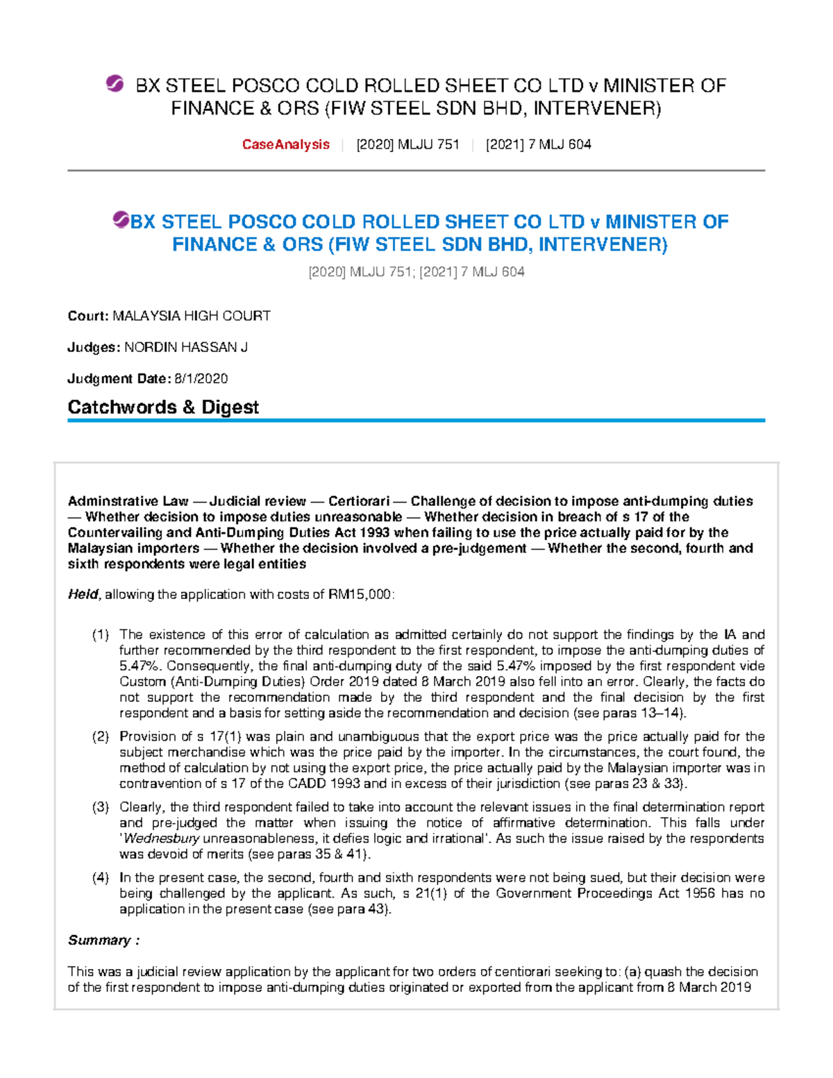 BX Steel Posco COLD Rolled Sheet CO LTD v Minister OF F - BX STEEL POSCO COLD ROLLED SHEET CO ...