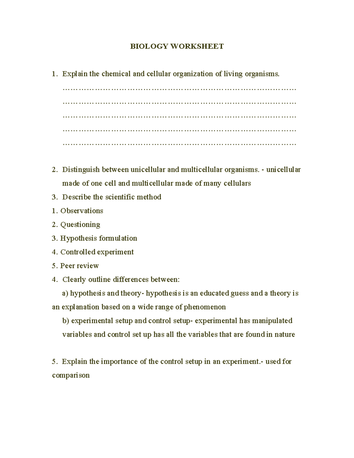 Introduction TO General Biology Worksheet - BIOLOGY WORKSHEET Explain ...