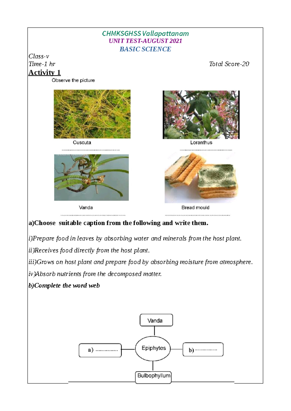 (English) V Basic Science Unit Test - Class-v Time-1 hr Total Score ...